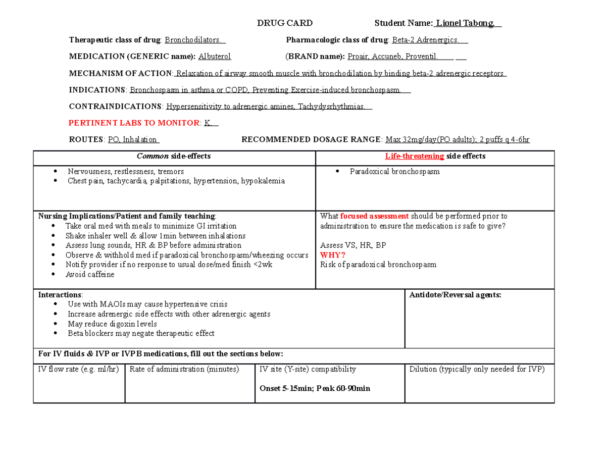 Albuterol drug card - DRUG CARD Student Name: Lionel Tabong ...