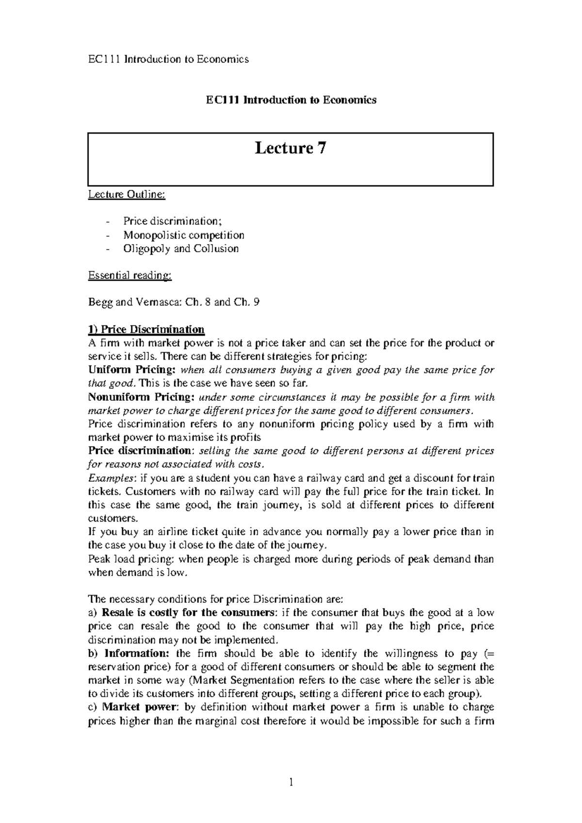 EC111Lecture 7 - EC111 lecture notes - EC111 Introduction to Economics ...