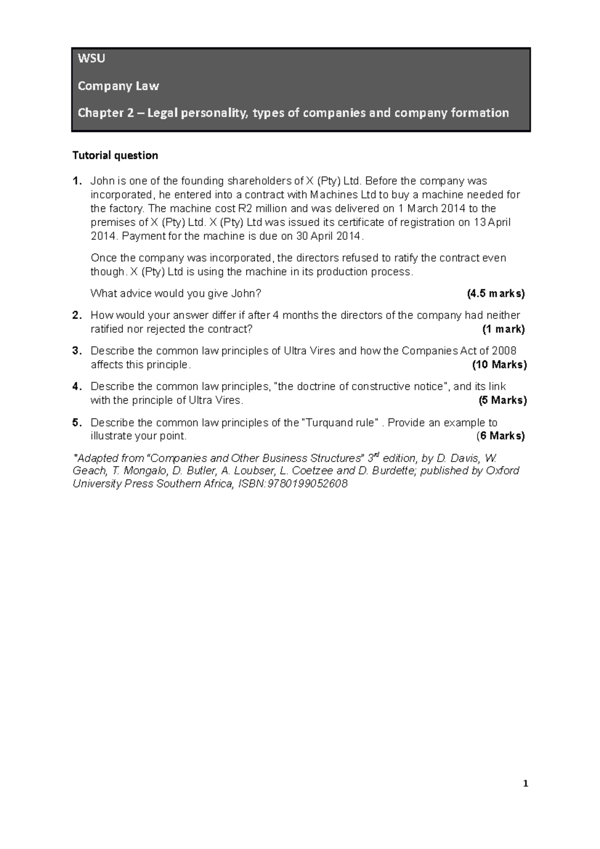 Chapter 2 Tutorial Question - WSU Company Law Chapter 2 – Legal ...