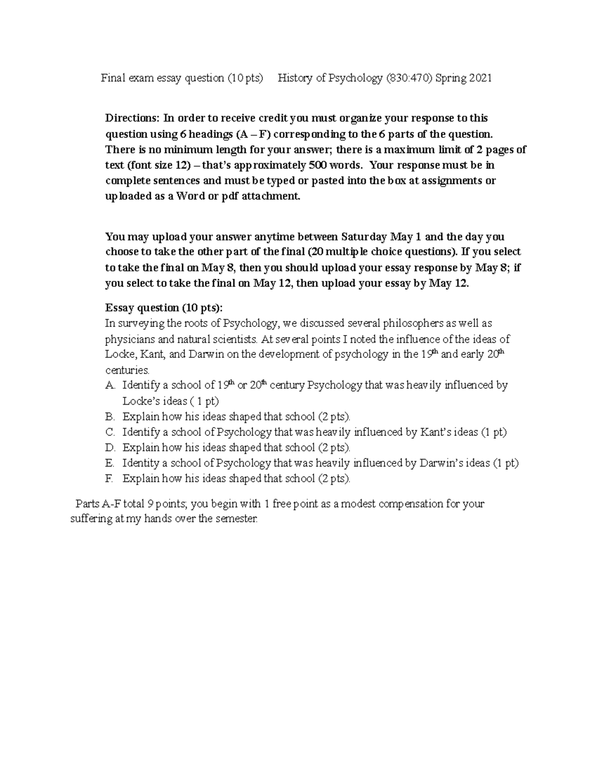 Final exam essay question - There is no minimum length for your answer ...