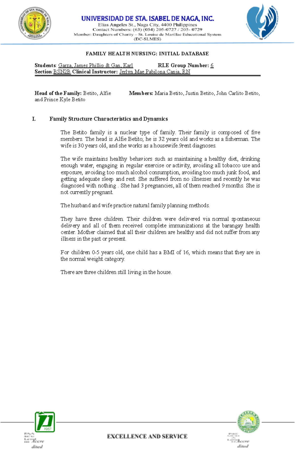 IDB Garza&Gan (RLE 6) - Yess - FAMILY HEALTH NURSING: INITIAL DATABASE ...