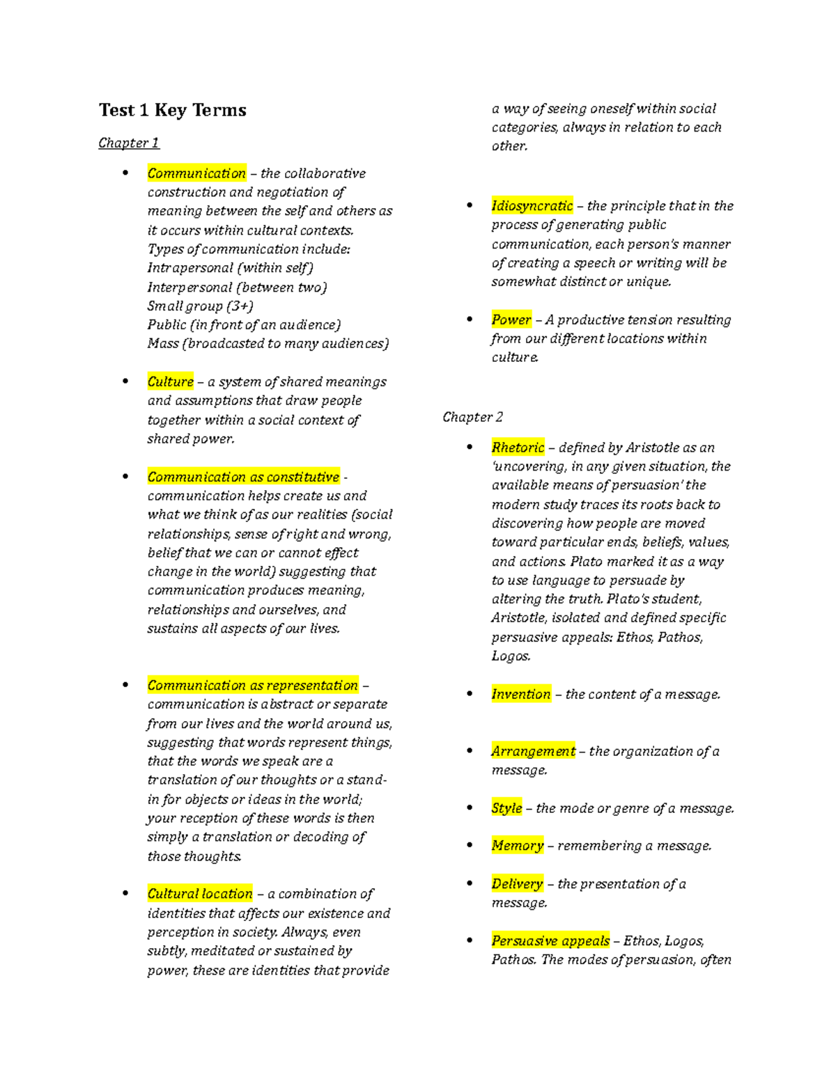 TEST 1 key terms - vocabulary list - Test 1 Key Terms Chapter 1 ...