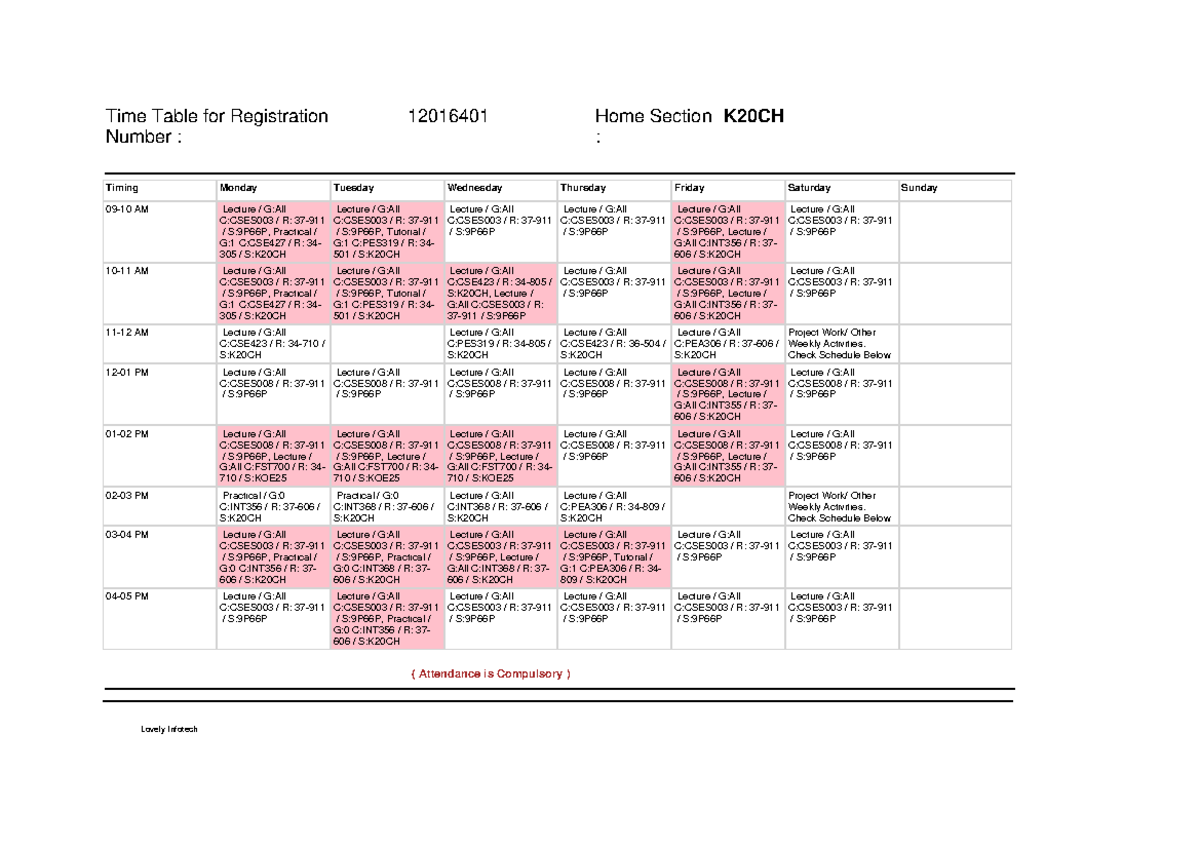 Rpt Time Table Student - Timing Monday Tuesday Wednesday Thursday ...