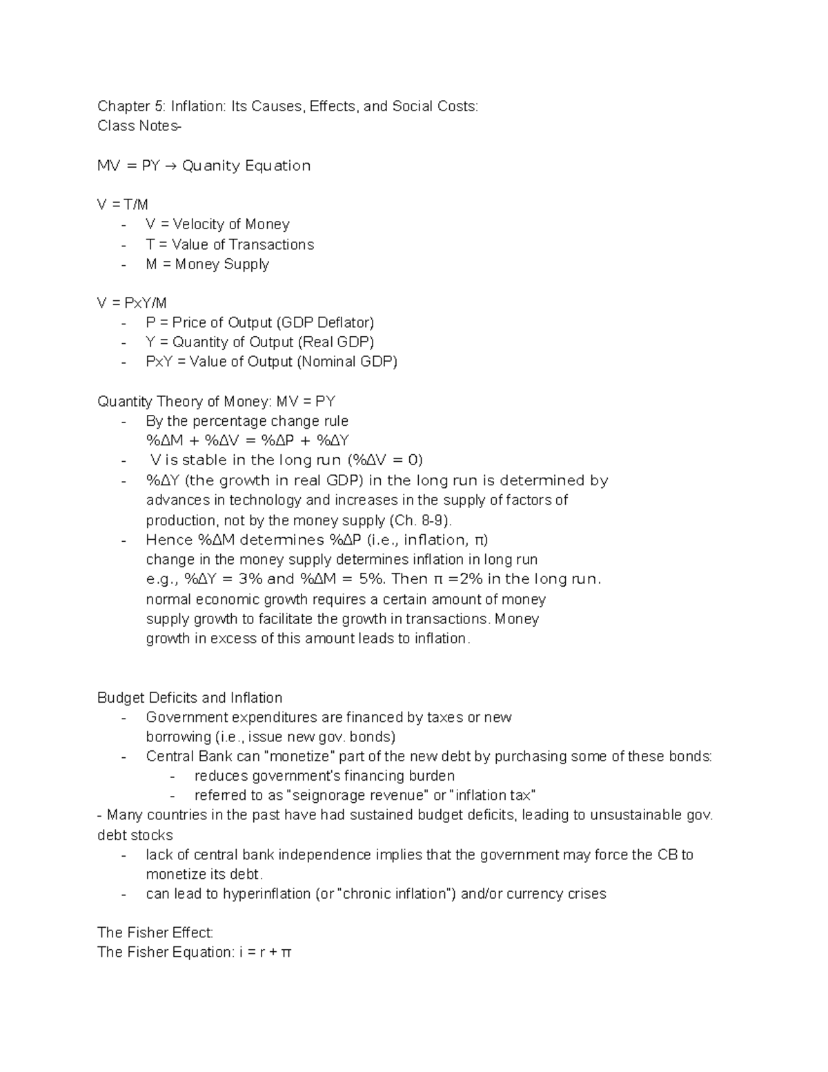ECO CH 5 Notes - Chapter 5: Inflation: Its Causes, Effects, and Social ...