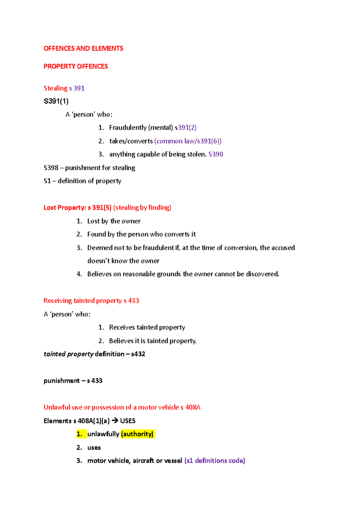 Elements Criminal Law - property offences, drug offences... - OFFENCES ...