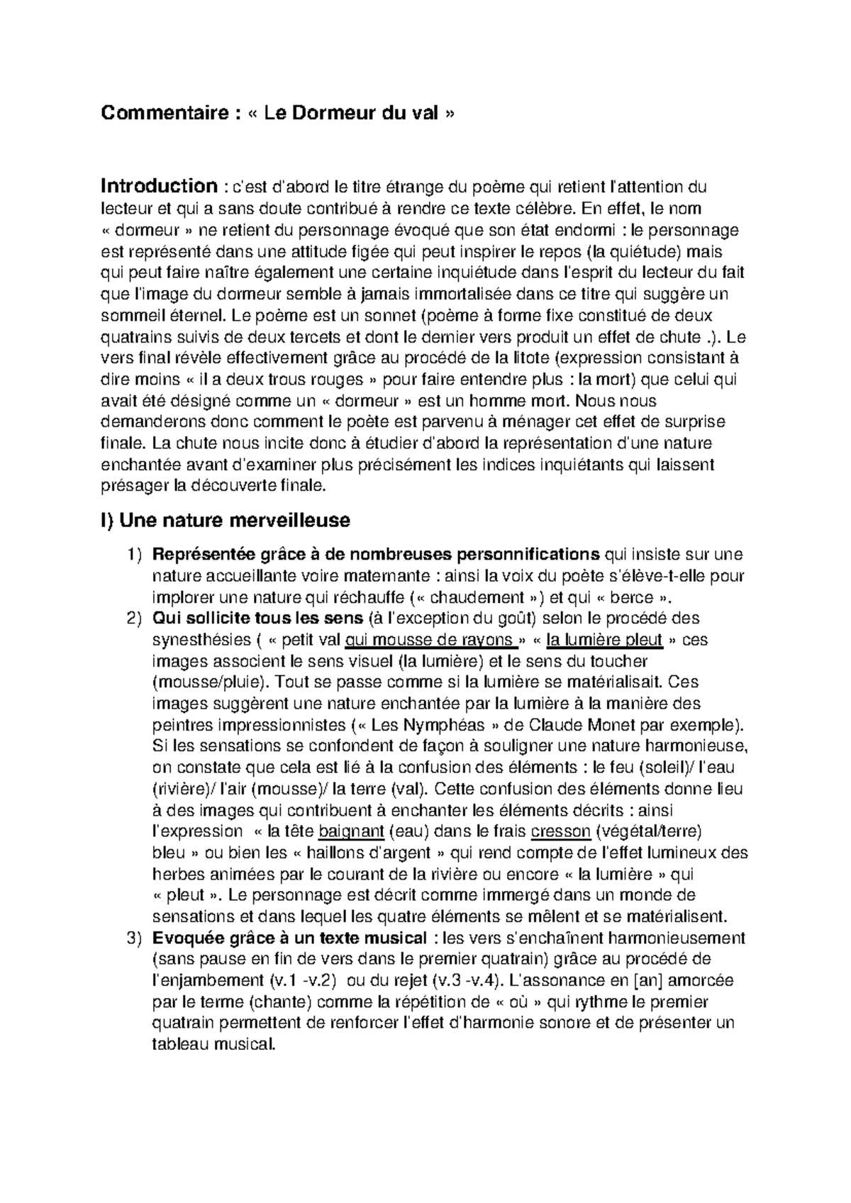 Commentaire STMG Le Dormeur du val - Commentaire : « Le Dormeur du val ...