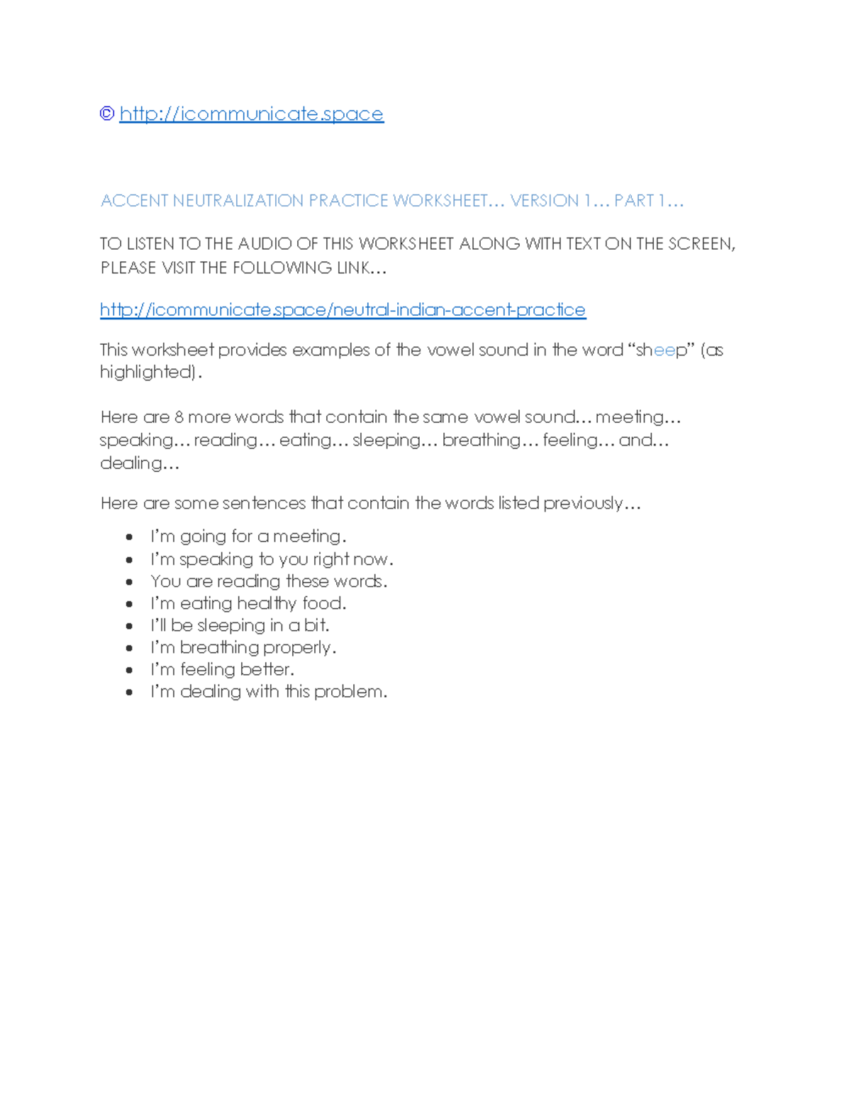 Accent neutralization practice worksheets V1 - © icommunicate ACCENT ...