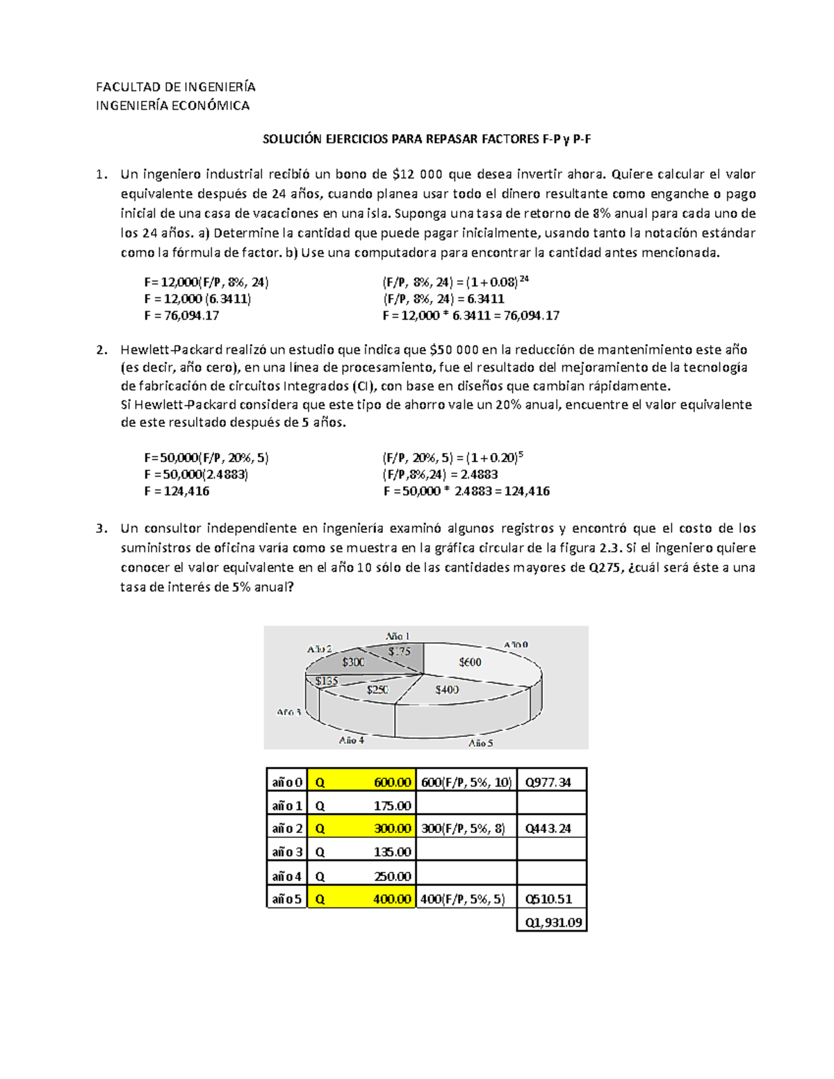 Solucion ejercicios factores Futuro-Presente Ing Económica - FACULTAD ...