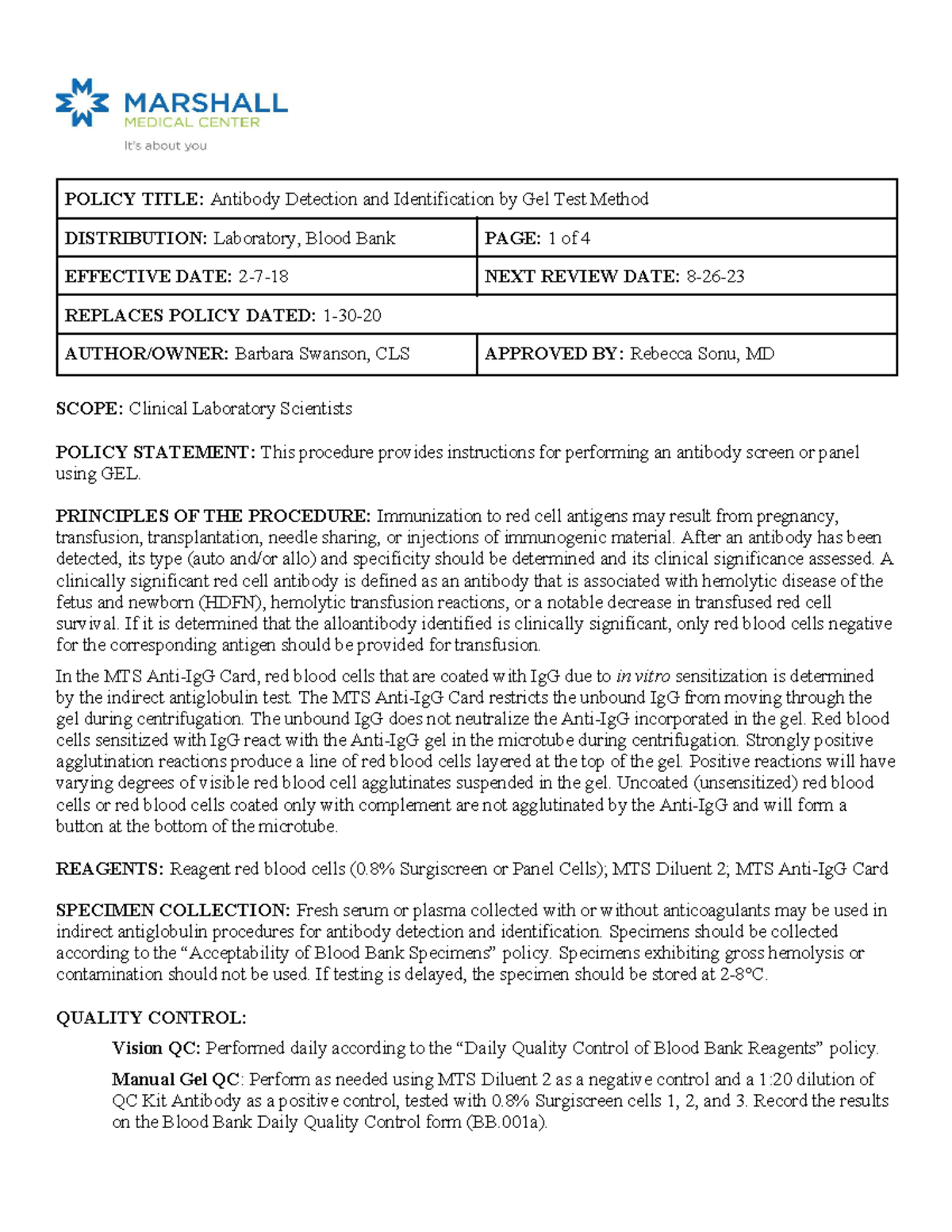 (New) Antibody Screen by Gel - POLICY TITLE: Antibody Detection and ...