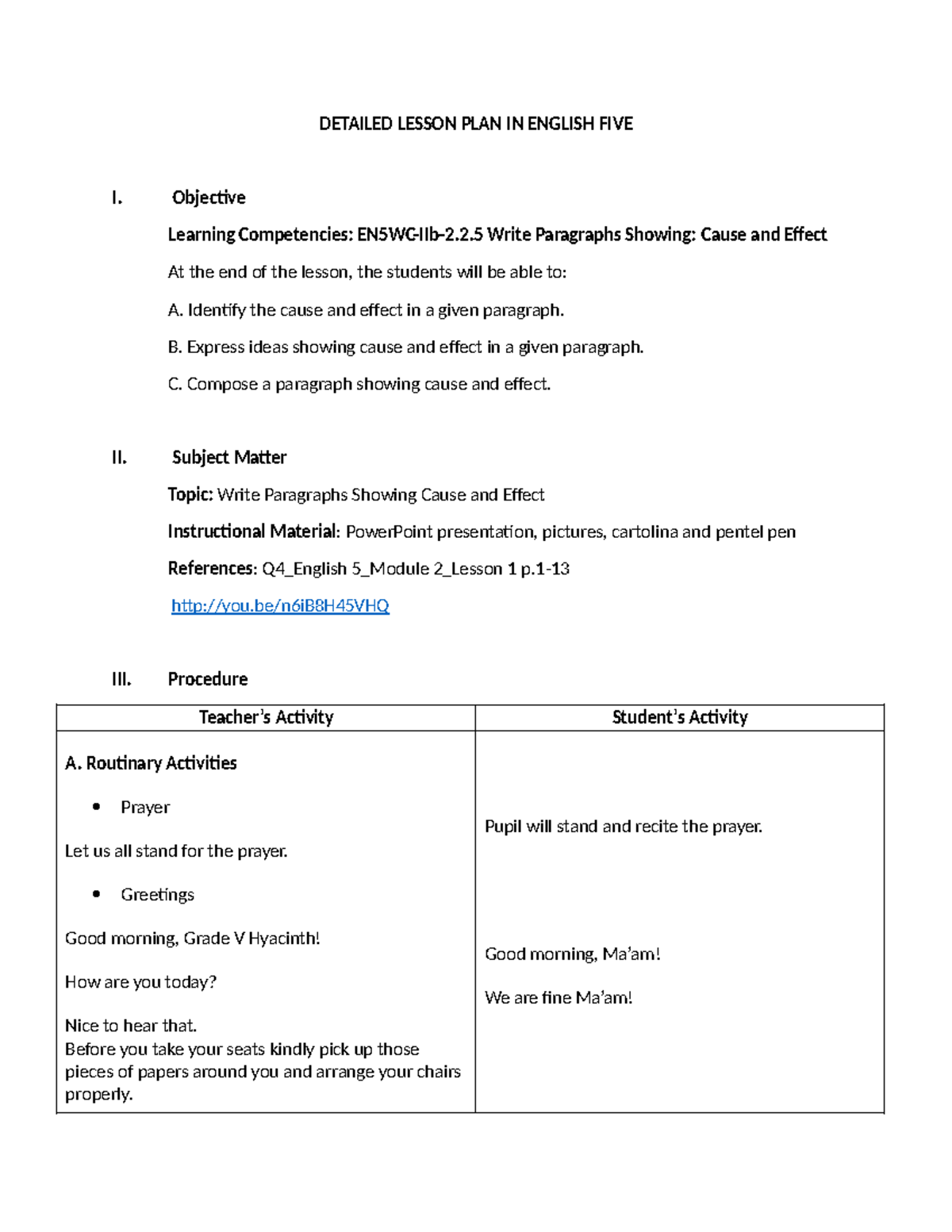 Detailed Lesson PLAN IN English FIVE - DETAILED LESSON PLAN IN ENGLISH ...
