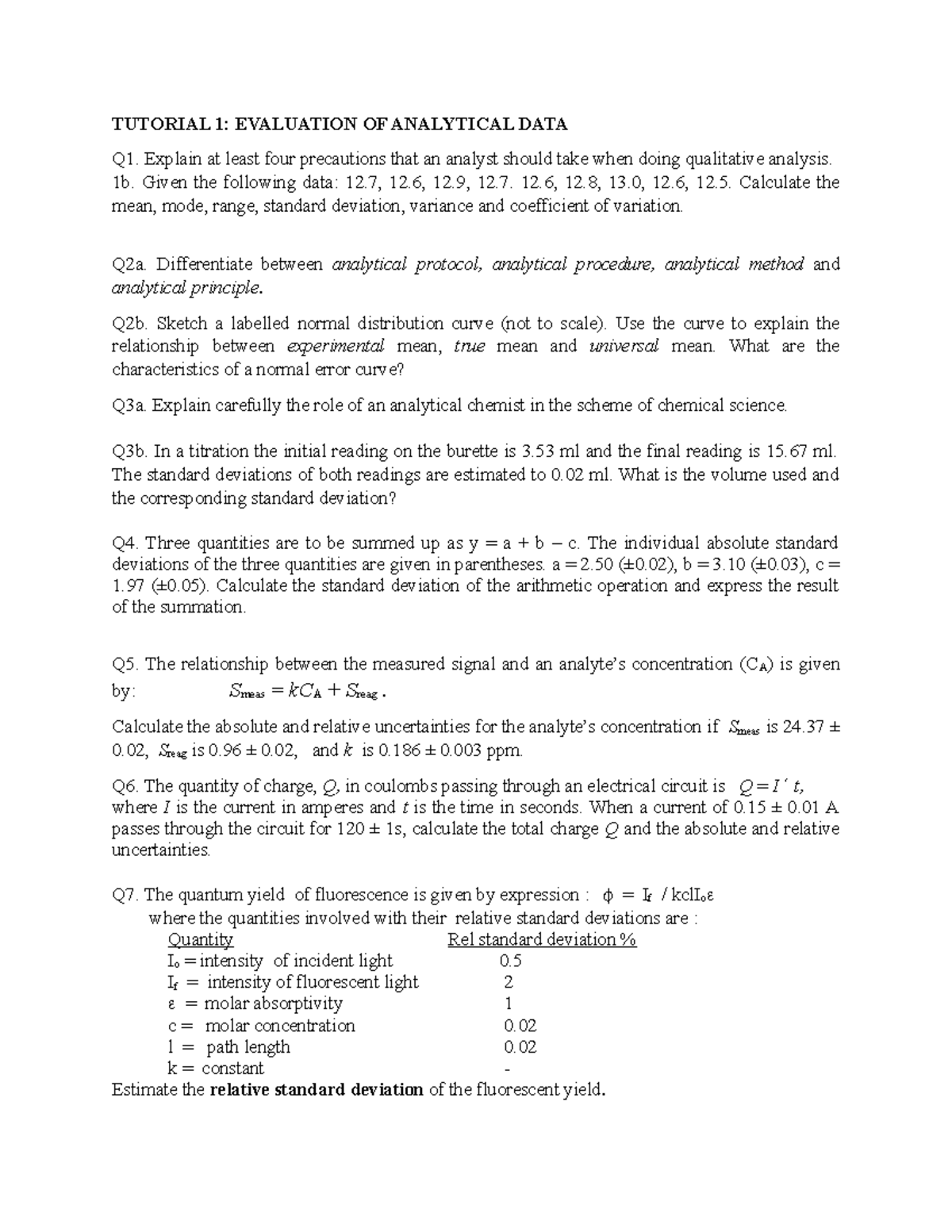 Tutorial 1 Evaluation OF Analytical DATA - TUTORIAL 1: EVALUATION OF ...