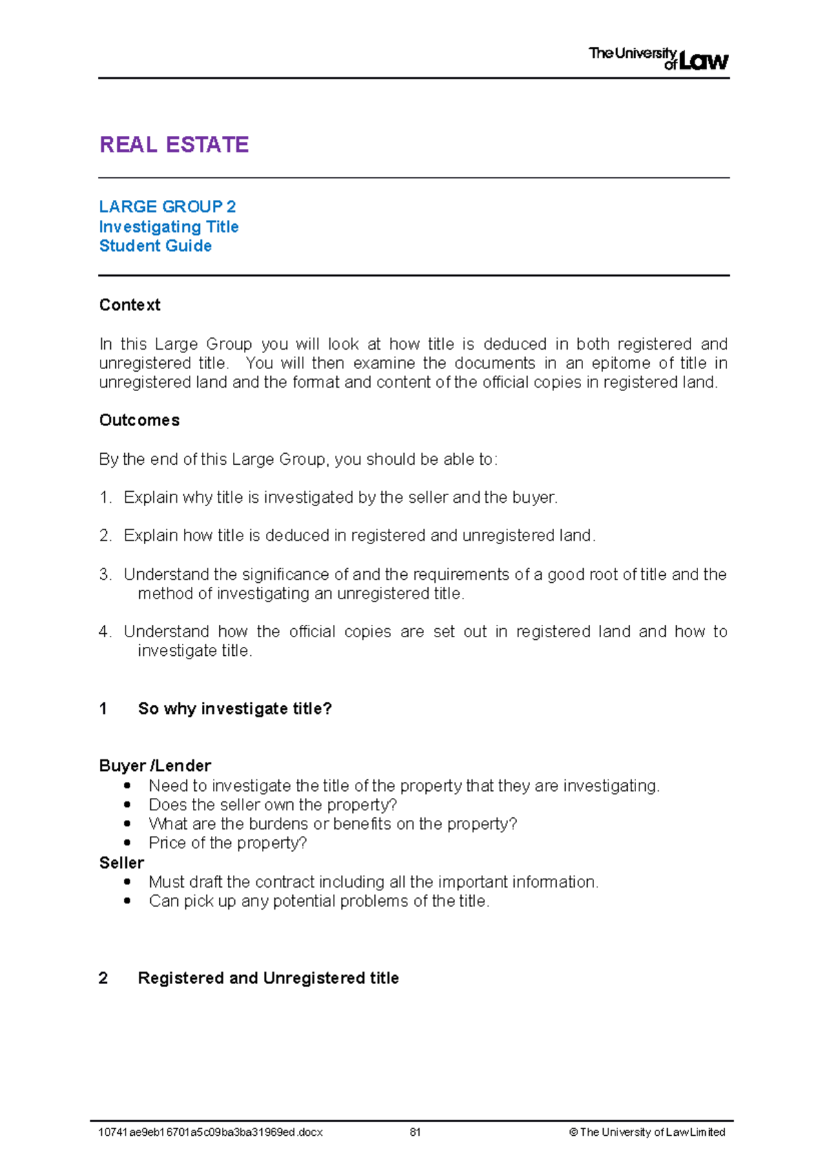 SG 2 - Large group - REAL ESTATE LARGE GROUP 2 Investigating Title ...