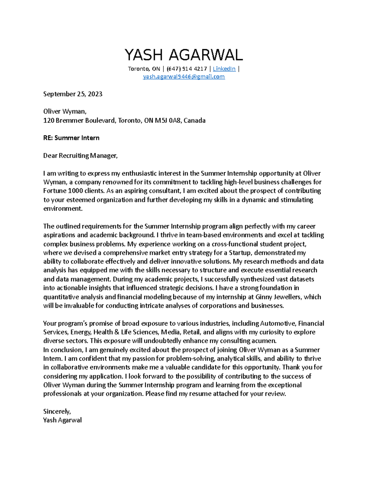Oliver wyman cover letter example - YASH AGARWAL Toronto, ON | (647 ...