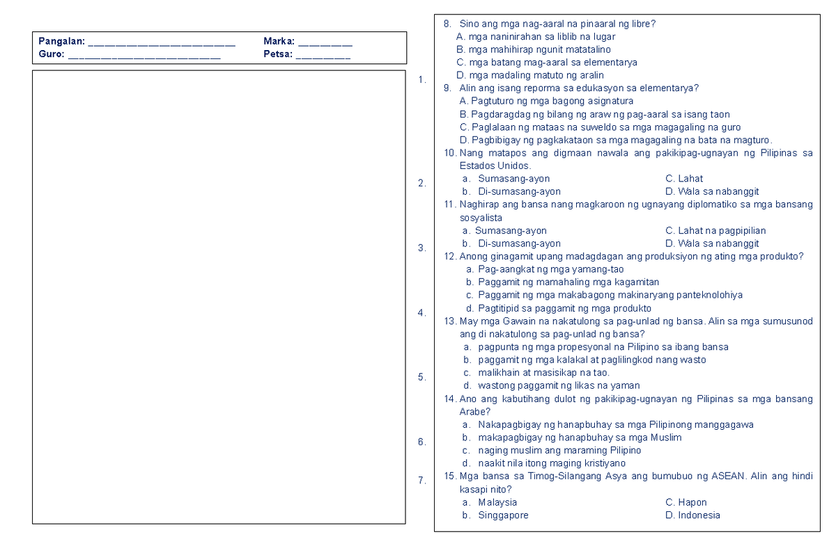 AP 6 - Periodical Exam - Pangalan: ___________________________ Marka: __________ Guro: - Studocu