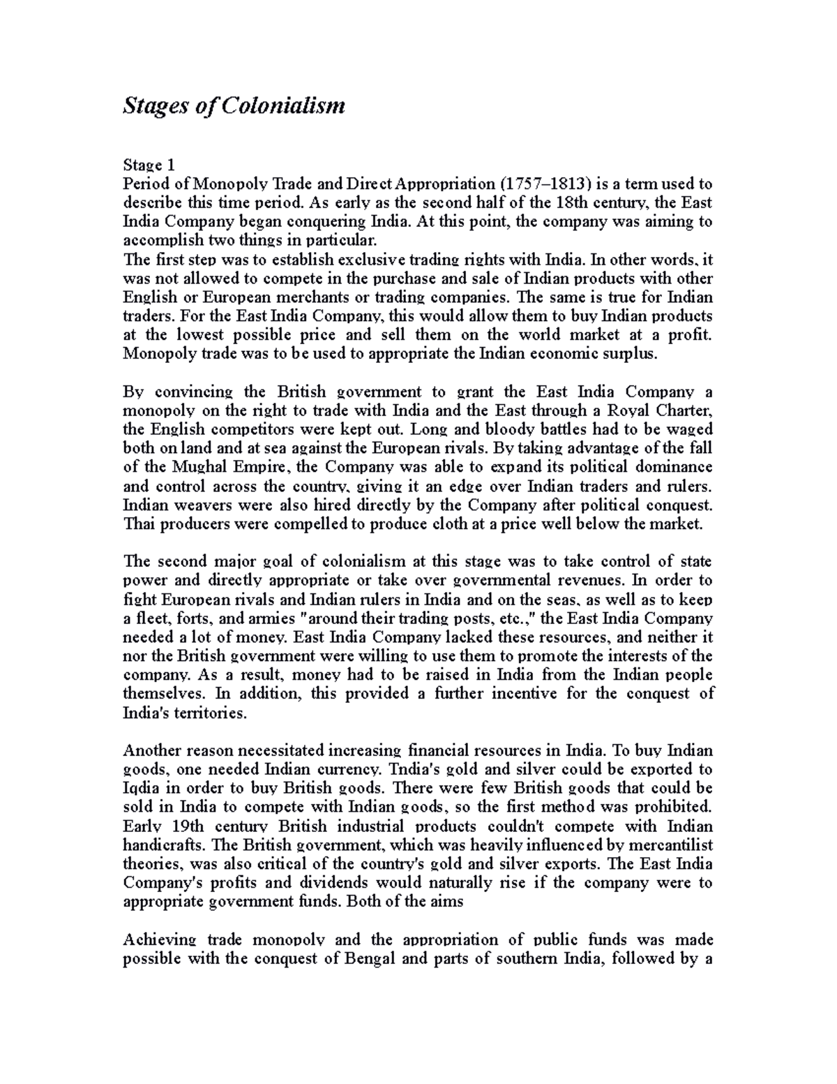 Stages of Colonialism - Lecture notes 1 - Stages of Colonialism Stage 1 ...