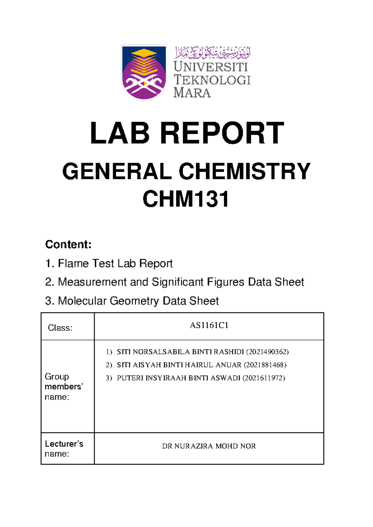 CHM131-Introduction to basic chemistry - LAB REPORT GENERAL CHEMISTRY ...