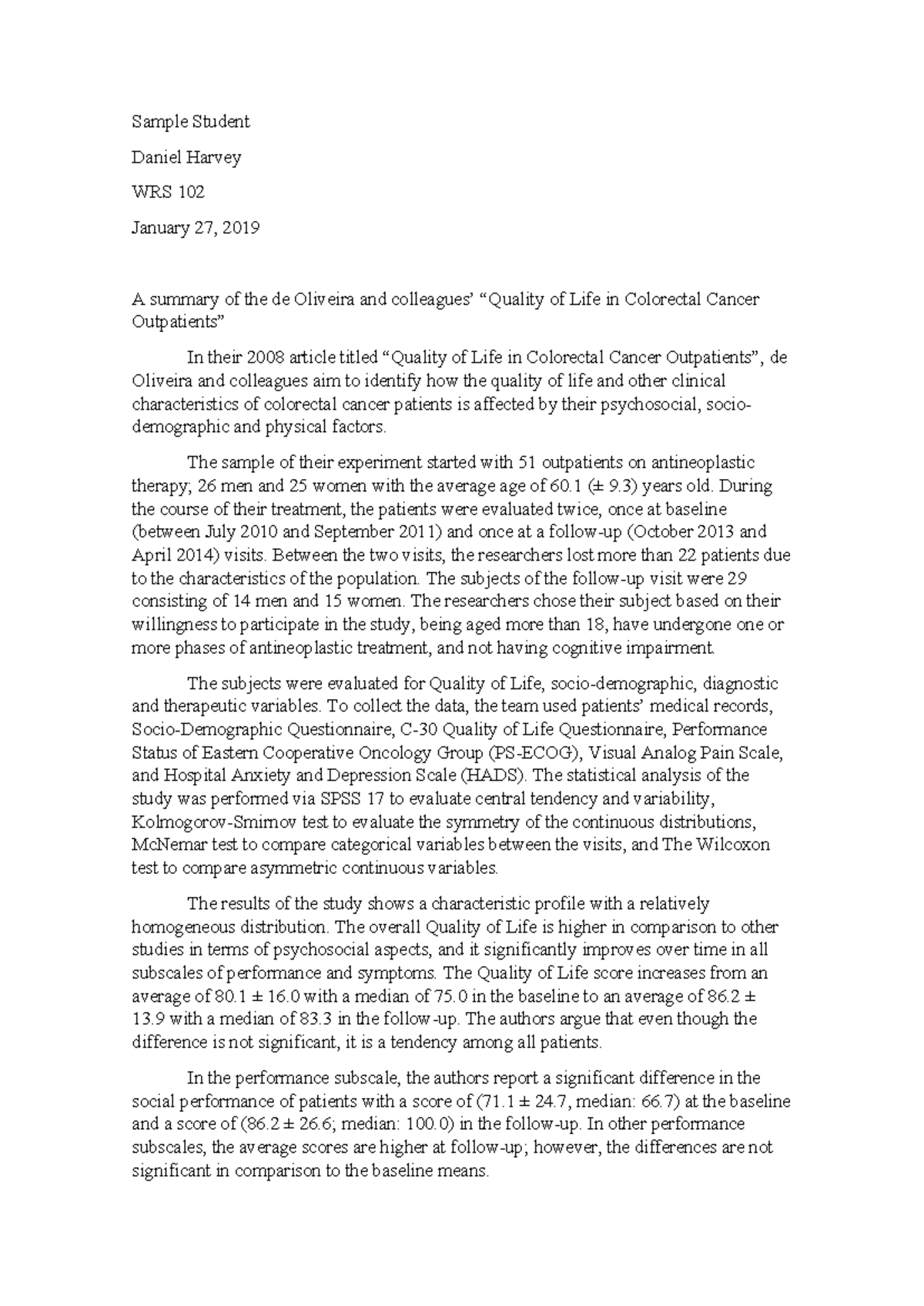Sample summary paper (Social Science) - Sample Student Daniel Harvey ...