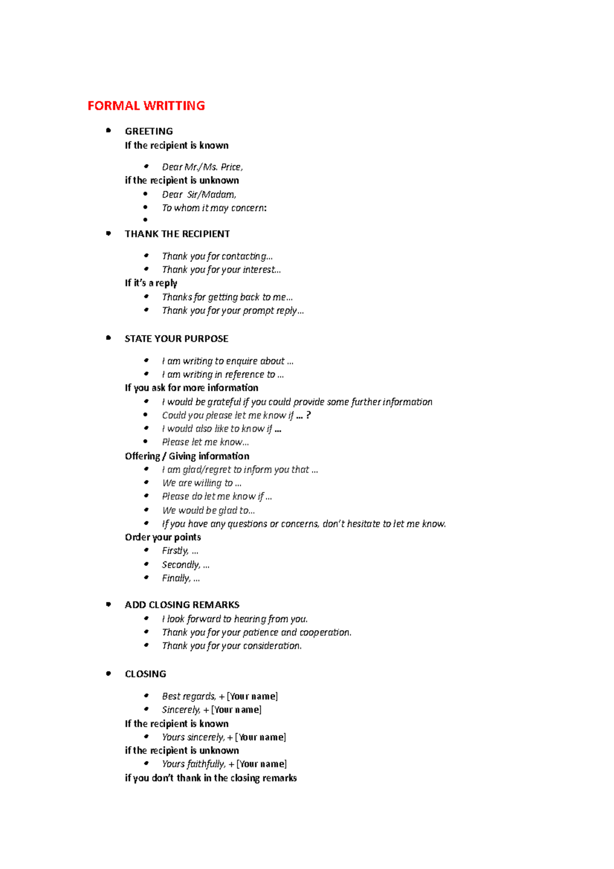 Informal AND Formal Writting - FORMAL WRITTING GREETING If the ...