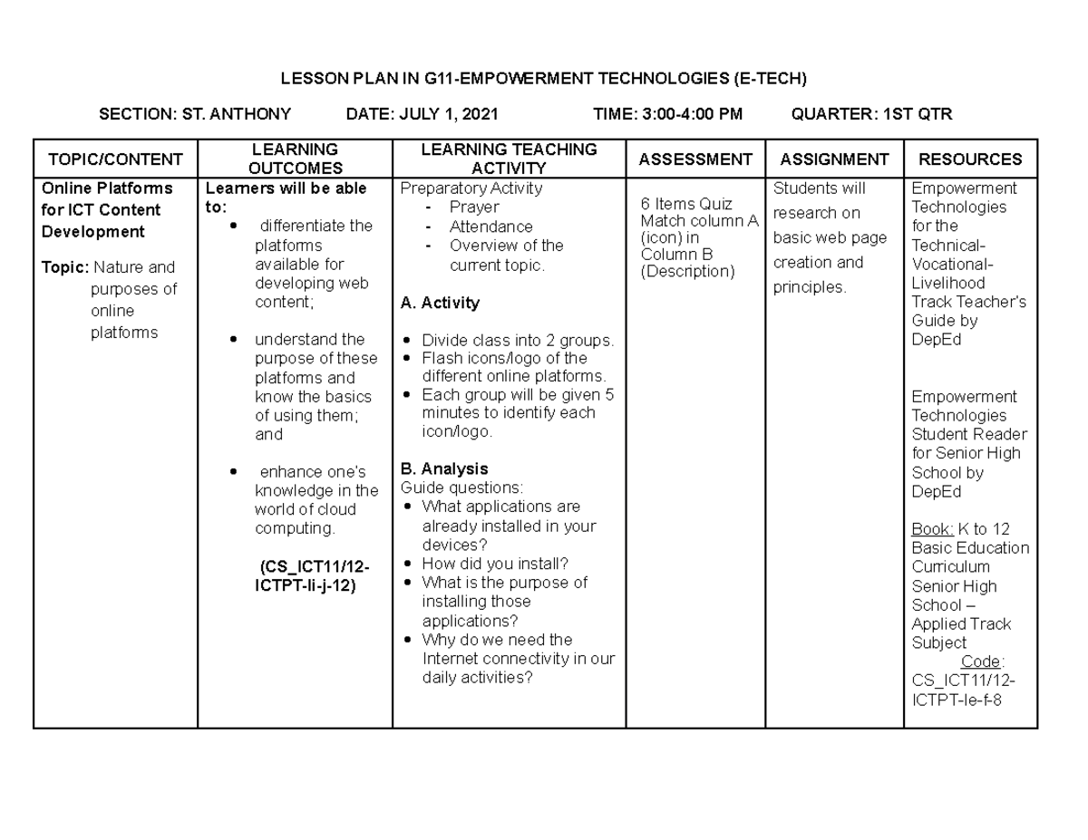 EMPOWERMENT TECHNOLOGY SENIOR HIGH SCHOOL LESSON PLAN IN G11 empowerment-technology-senior-high-school-lesson-plan-in-g11