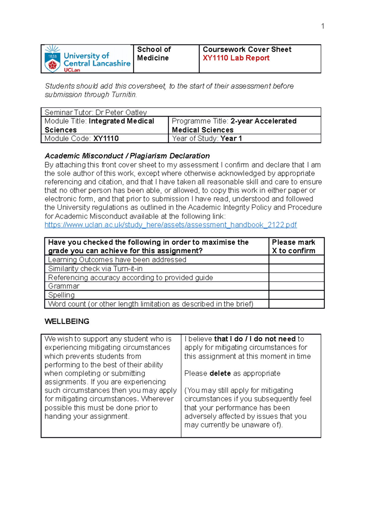 XY1110 Lab Report Blood Glucose - School of Medicine Coursework Cover ...