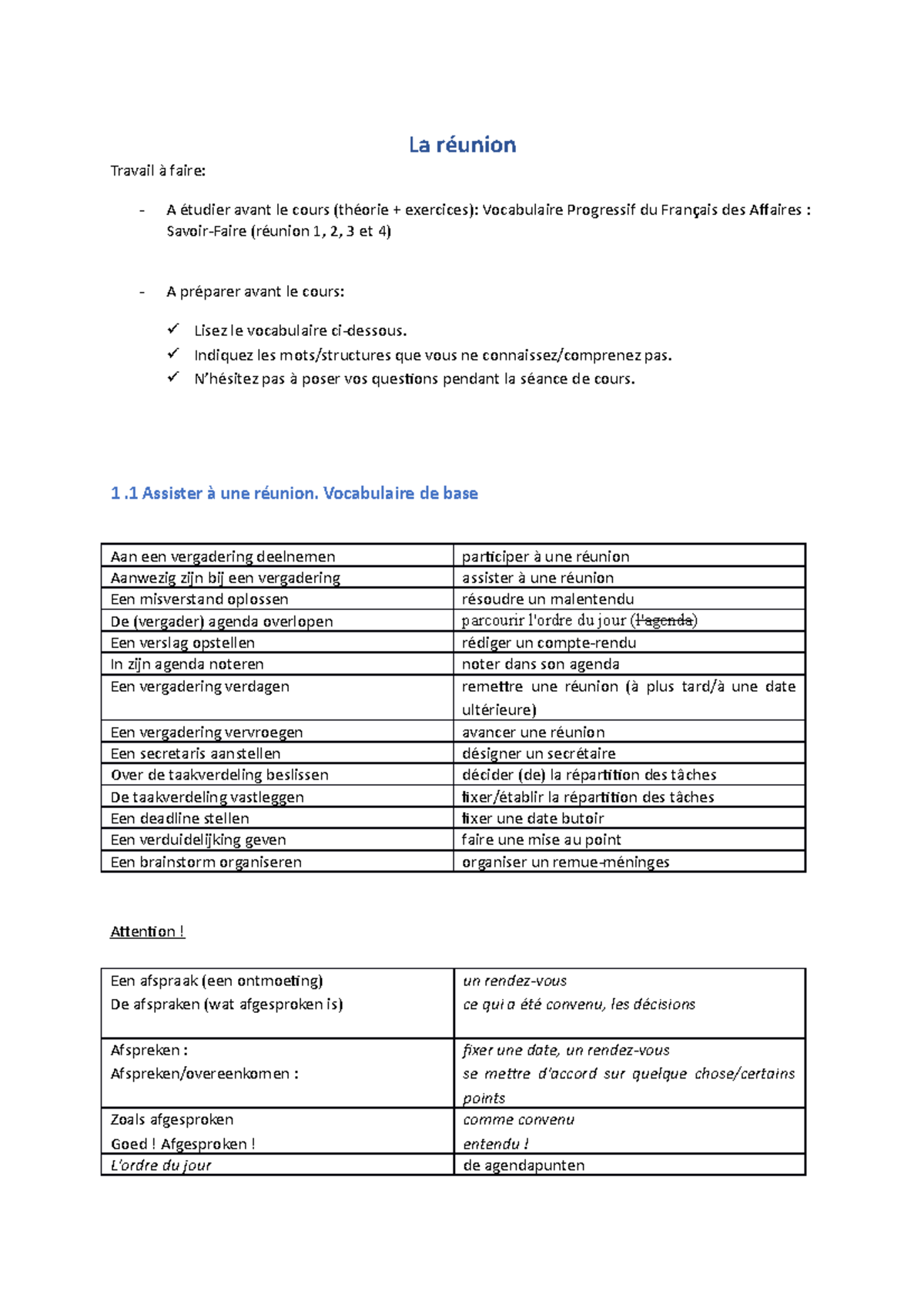 La réunion voc - iets uit de les - La réunion Travail à faire: A ...