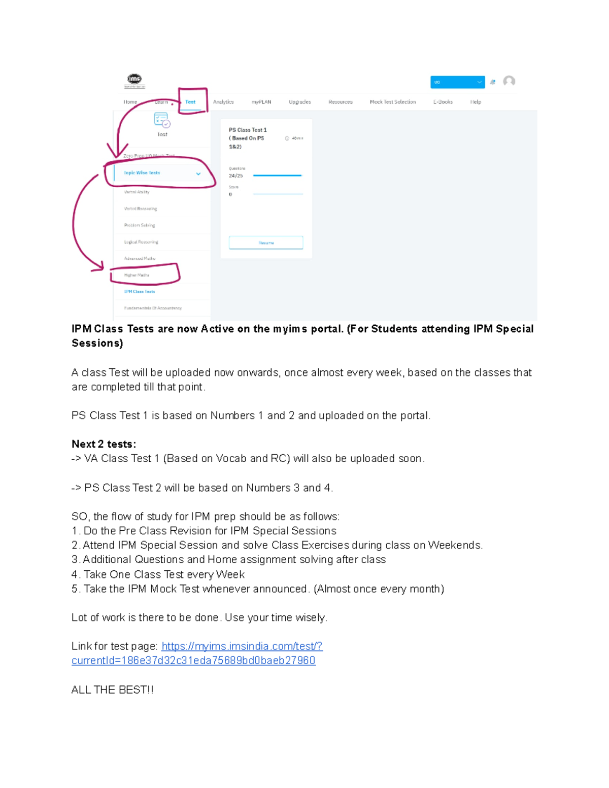 IPM Class Tests on Myims Portal - IPM Class Tests are now Active on the ...