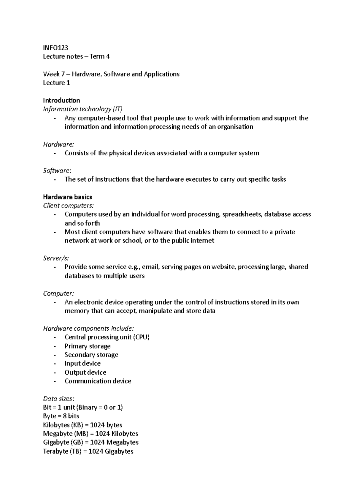 Info123 Lecture Notes Info Lecture Notes Term 4 Week 7 Hardware Software And Applications