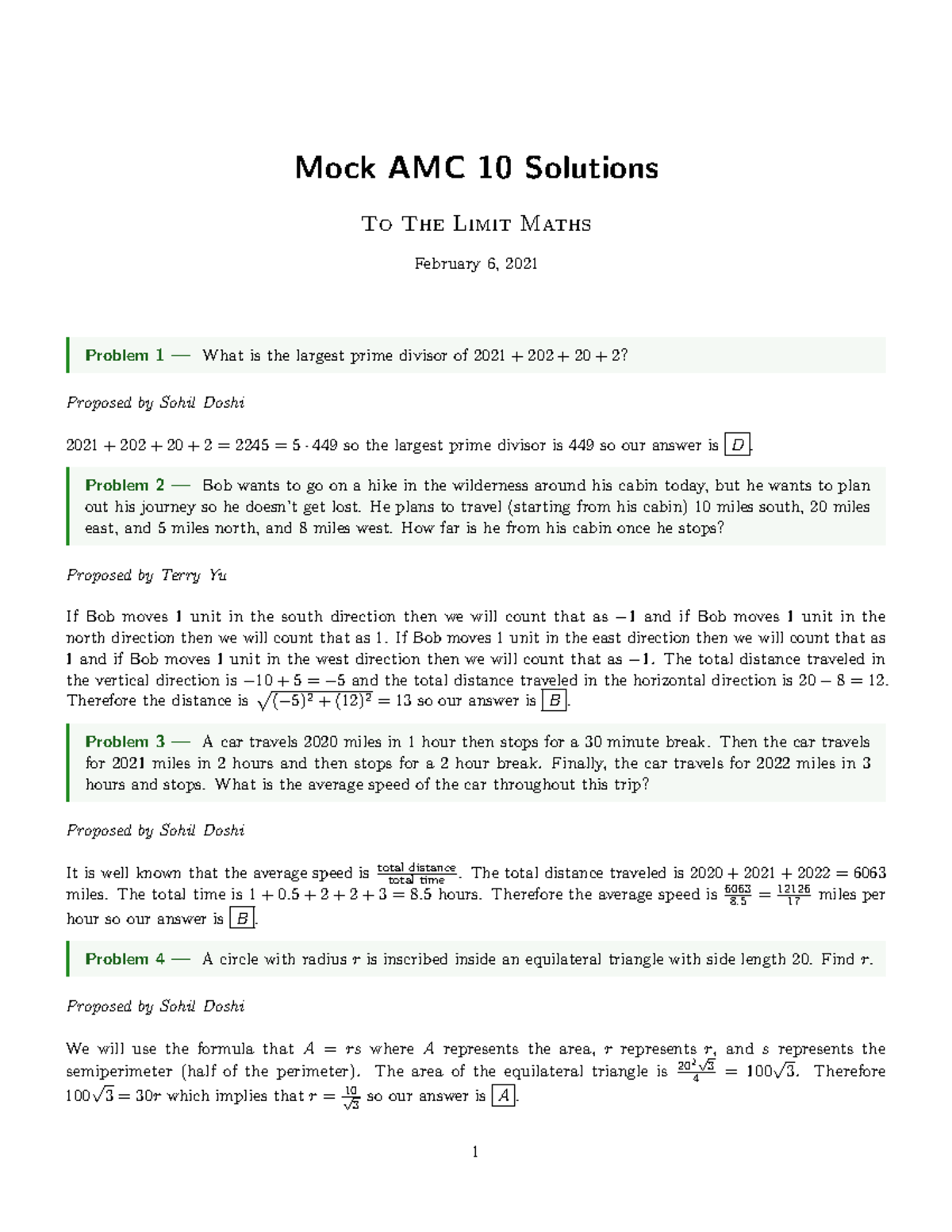 Mock AMC 10 Problems（answer） - Mock AMC 10 Solutions To The Limit Maths ...