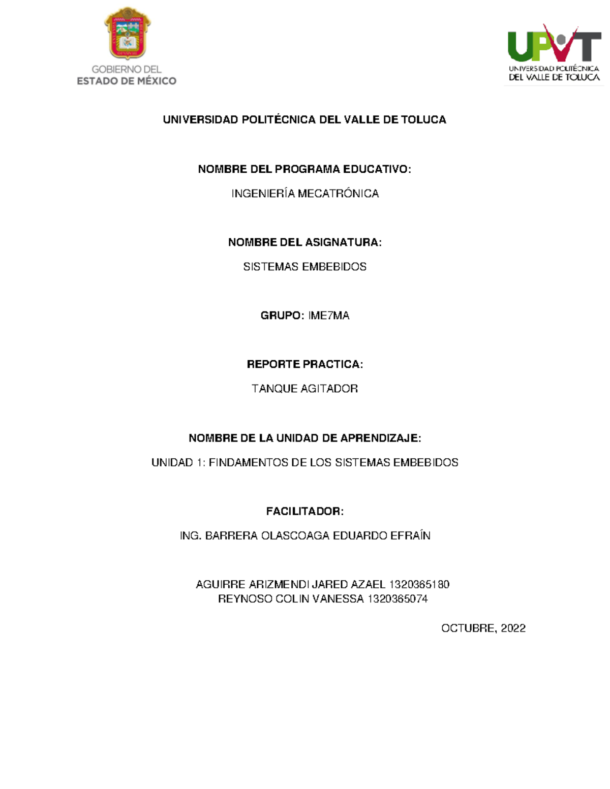 Reporte Practica - dfbdfb - UNIVERSIDAD POLITÉCNICA DEL VALLE DE TOLUCA ...