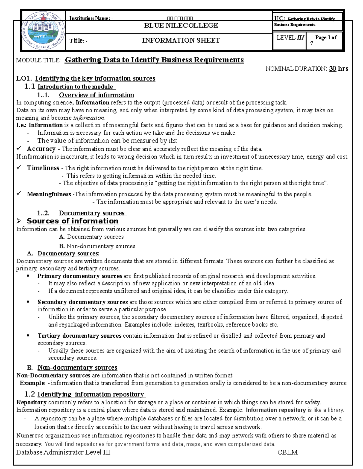 Gathering Data to Identify Business Requirements - LEVEL III BLUE ...