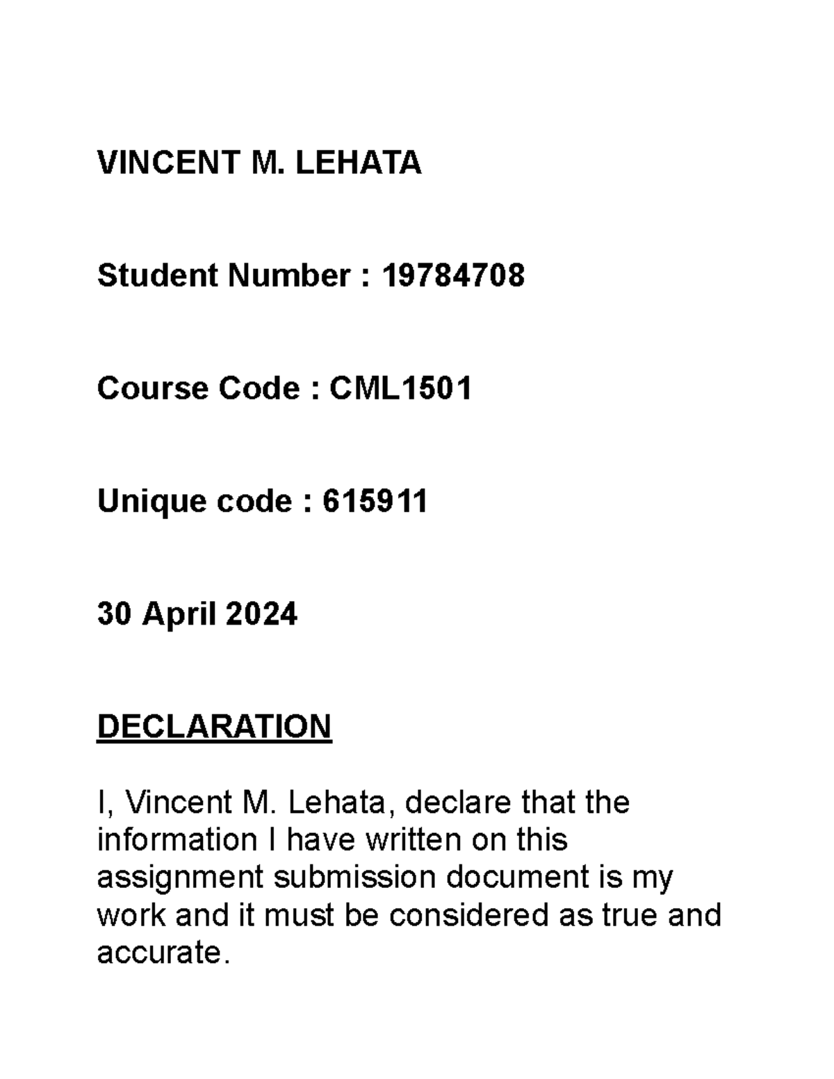 CML1501 Assignment 2 30April 2024 - VINCENT M. LEHATA Student Number ...