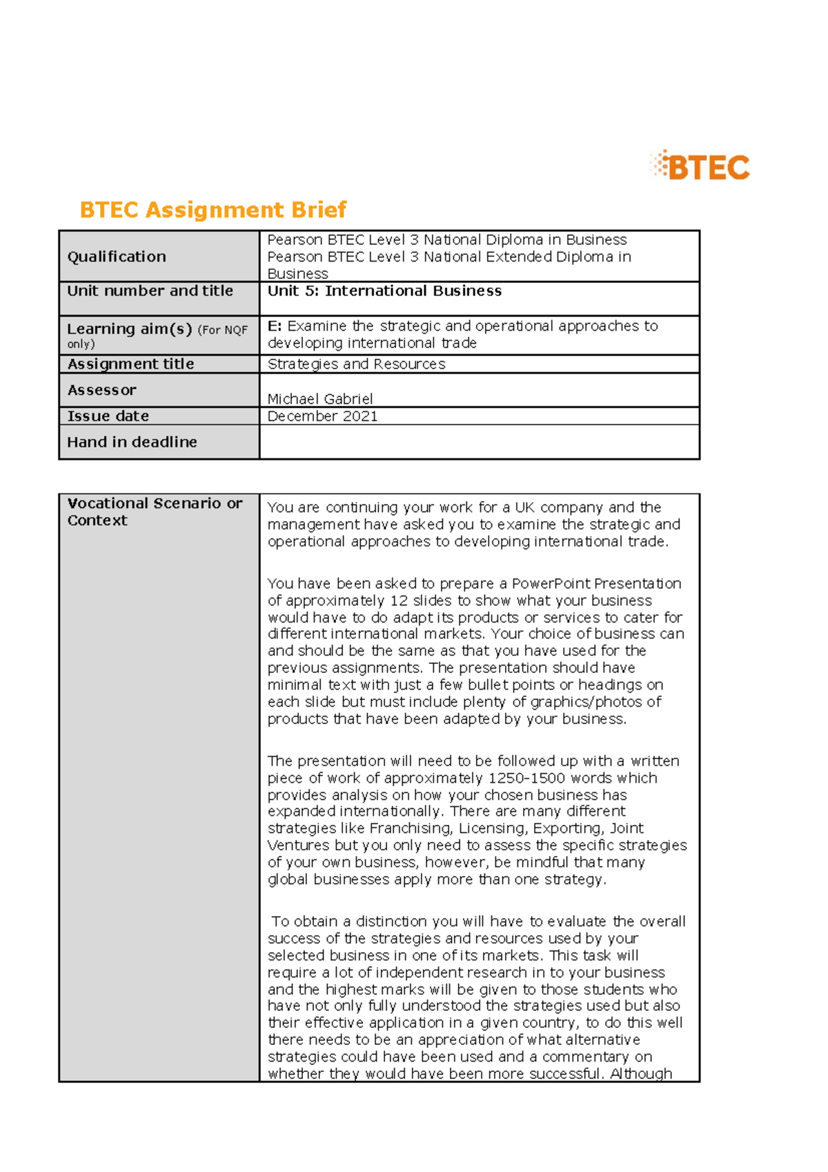 Assignment 3 Unit 5 overview copy - BTEC Assignment Brief Qualification ...