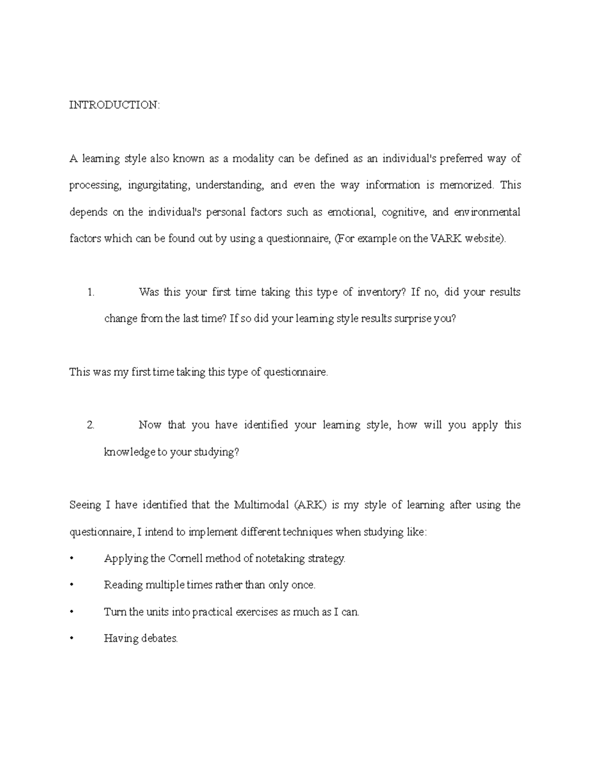 UNIV 1001 Learnin Journal UNIT 6 - INTRODUCTION: A learning style also ...