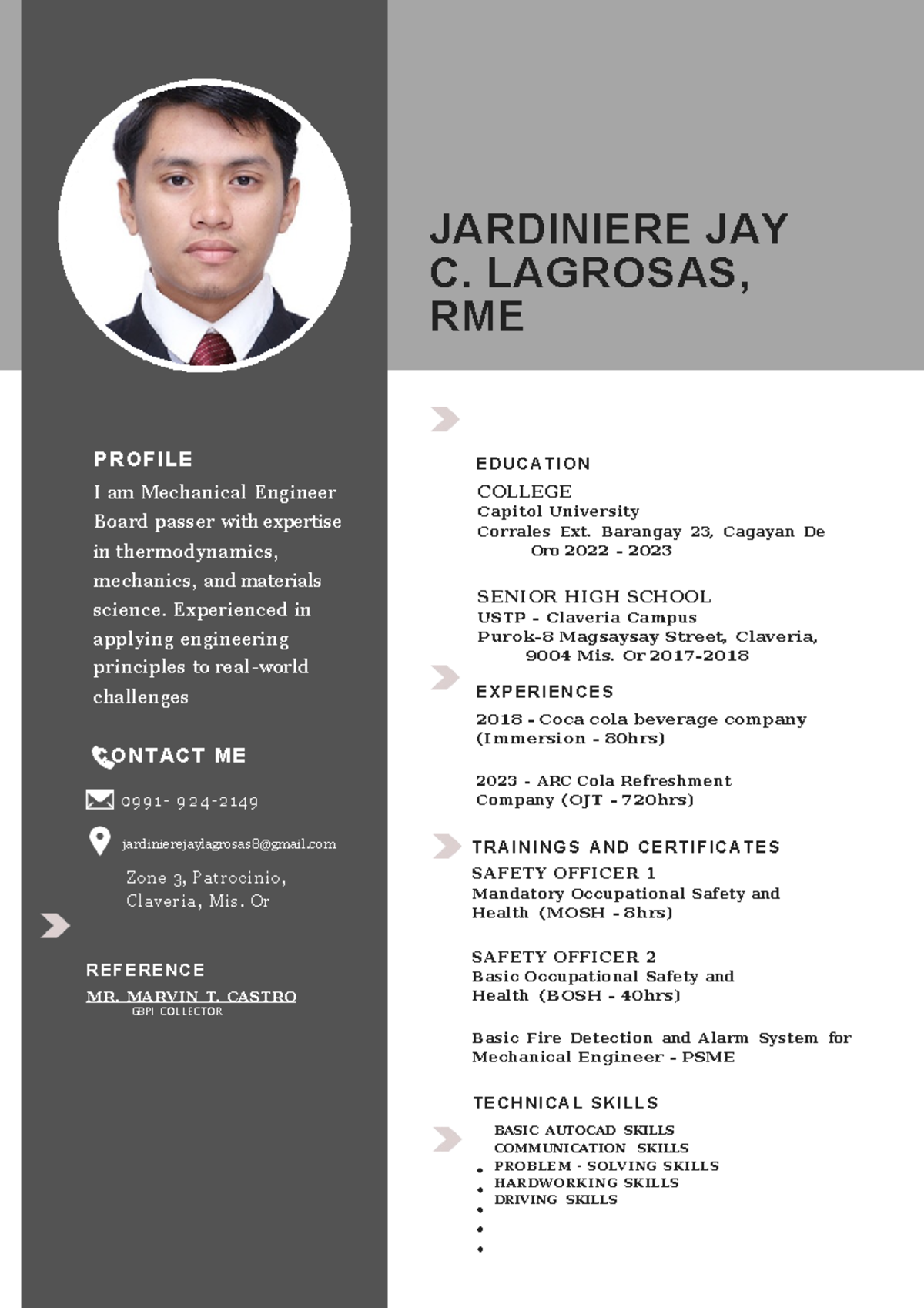 Modern Grey Resume - None - JARDINIERE JAY C. LAGROSAS, RME PROFILE I ...