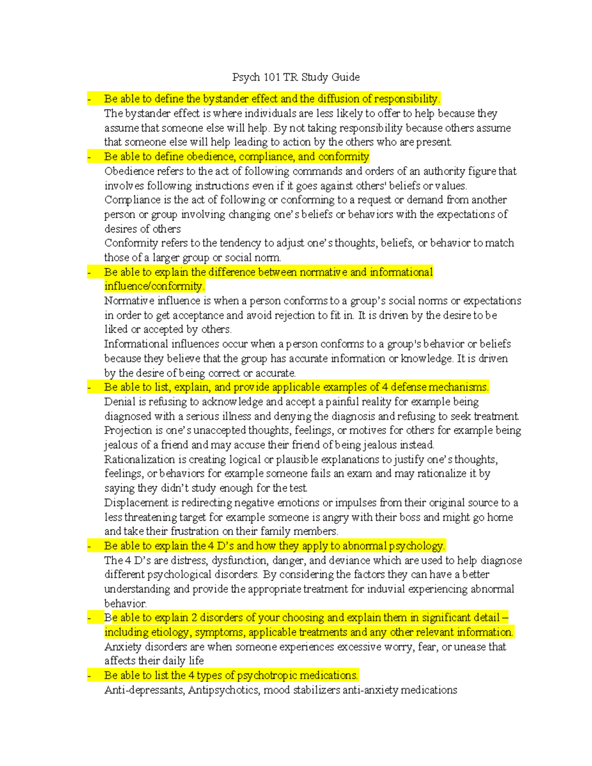 Psych 101 WF Study Guide 1 - Psych 101 TR Study Guide Be able to define ...