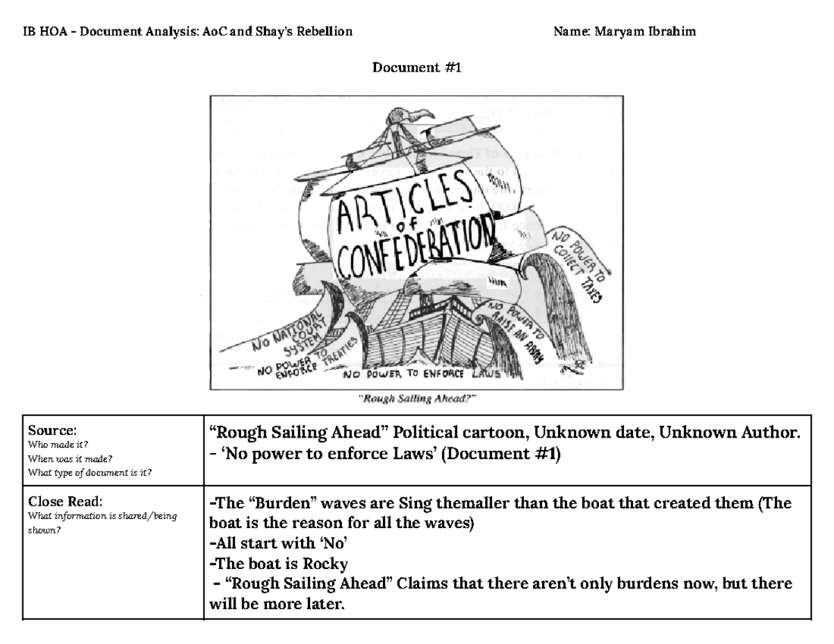 Ao C and Shays' Rebellion - IB HOA - Document Analysis: AoC and Shay’s ...