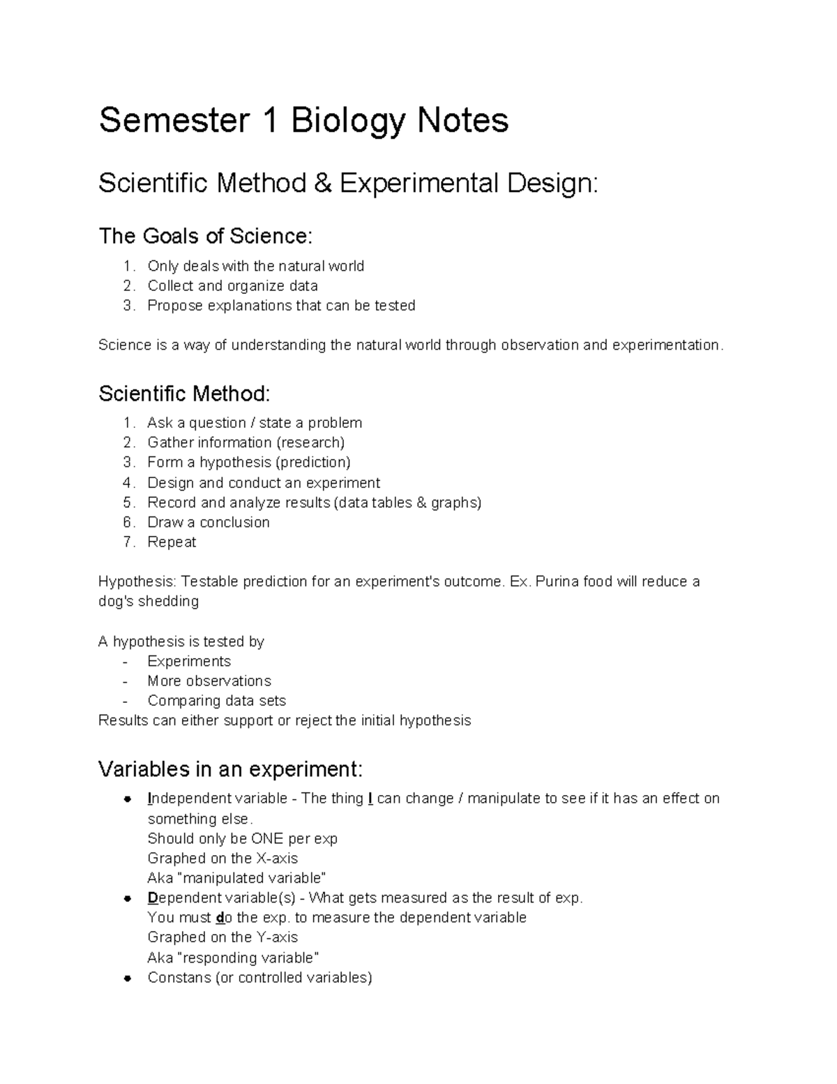 Biology Notes Sem 1 - Semester 1 Biology Notes Scientific Method ...