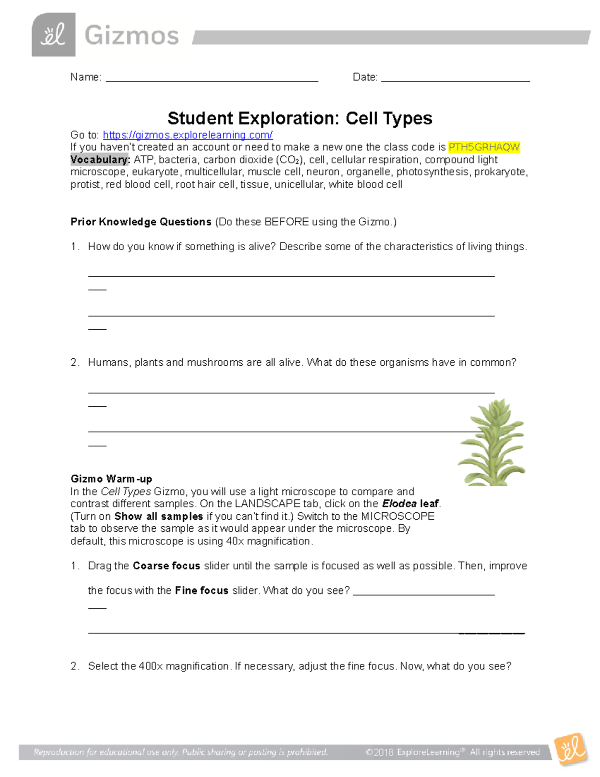 SNC 2D0 Cell Types Gizmo - Name: Date: Student Exploration: Cell Types ...