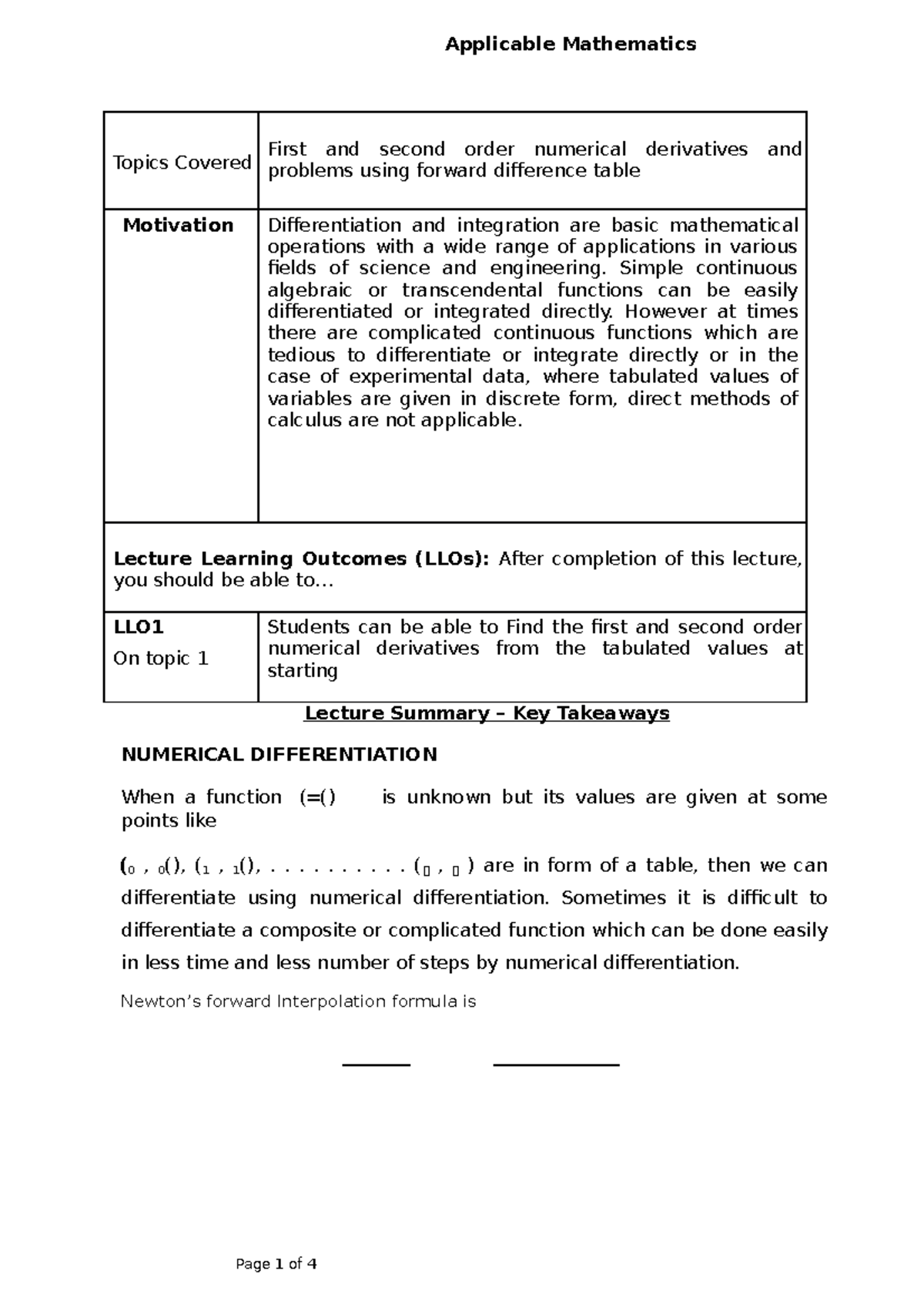 Numerical derivatives using forward differences - Topics Covered First and second order ...