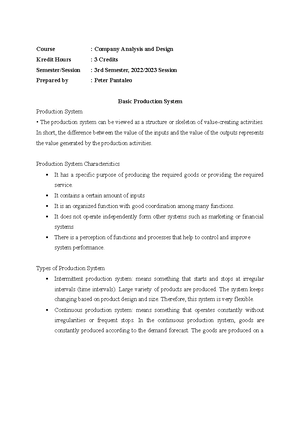 Summaries Batch Production Flow Company Analysis and Design - Course ...