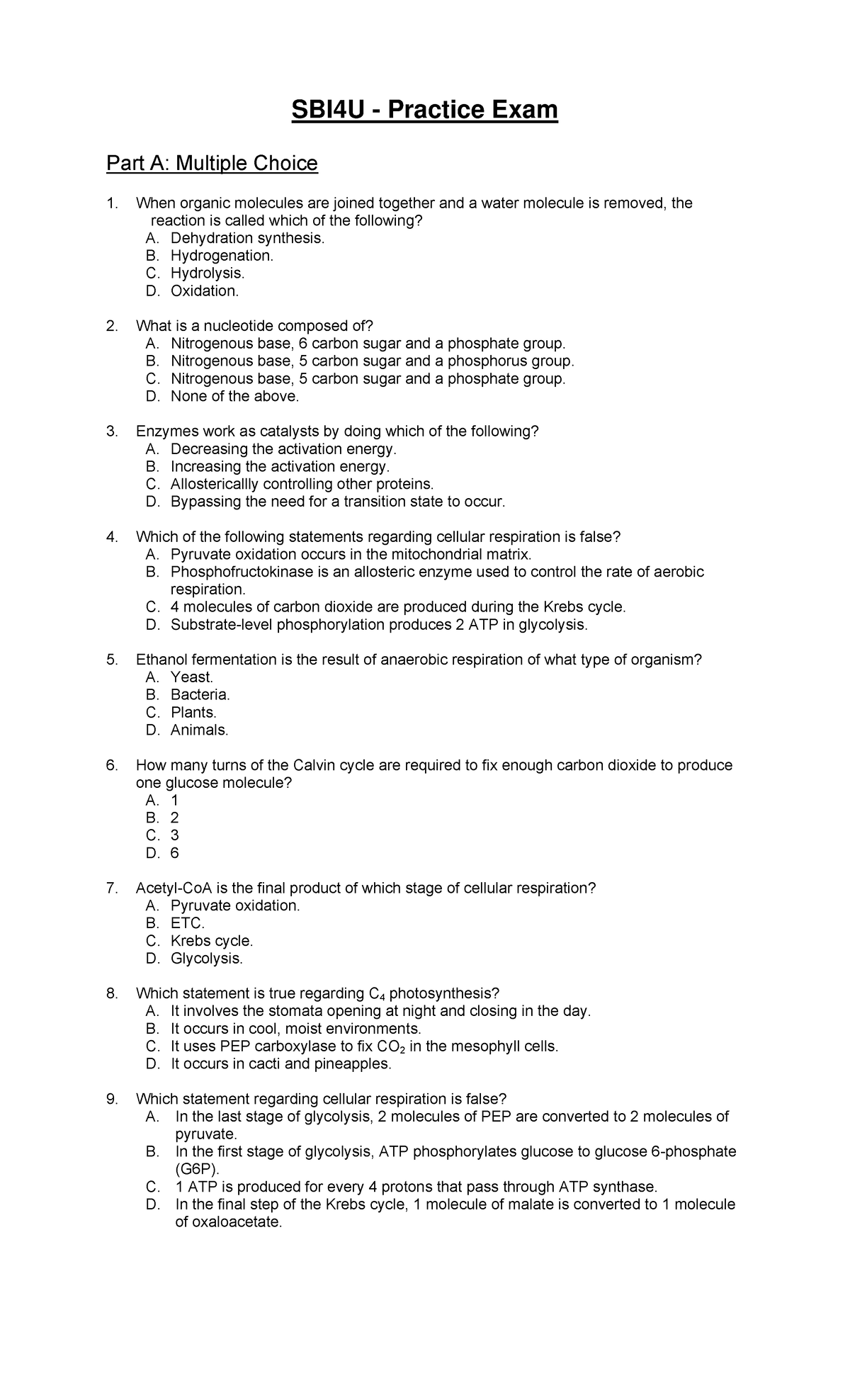 Sbi4u sample exam 2012 - Exam material - SBI4U - Practice Exam Part A ...