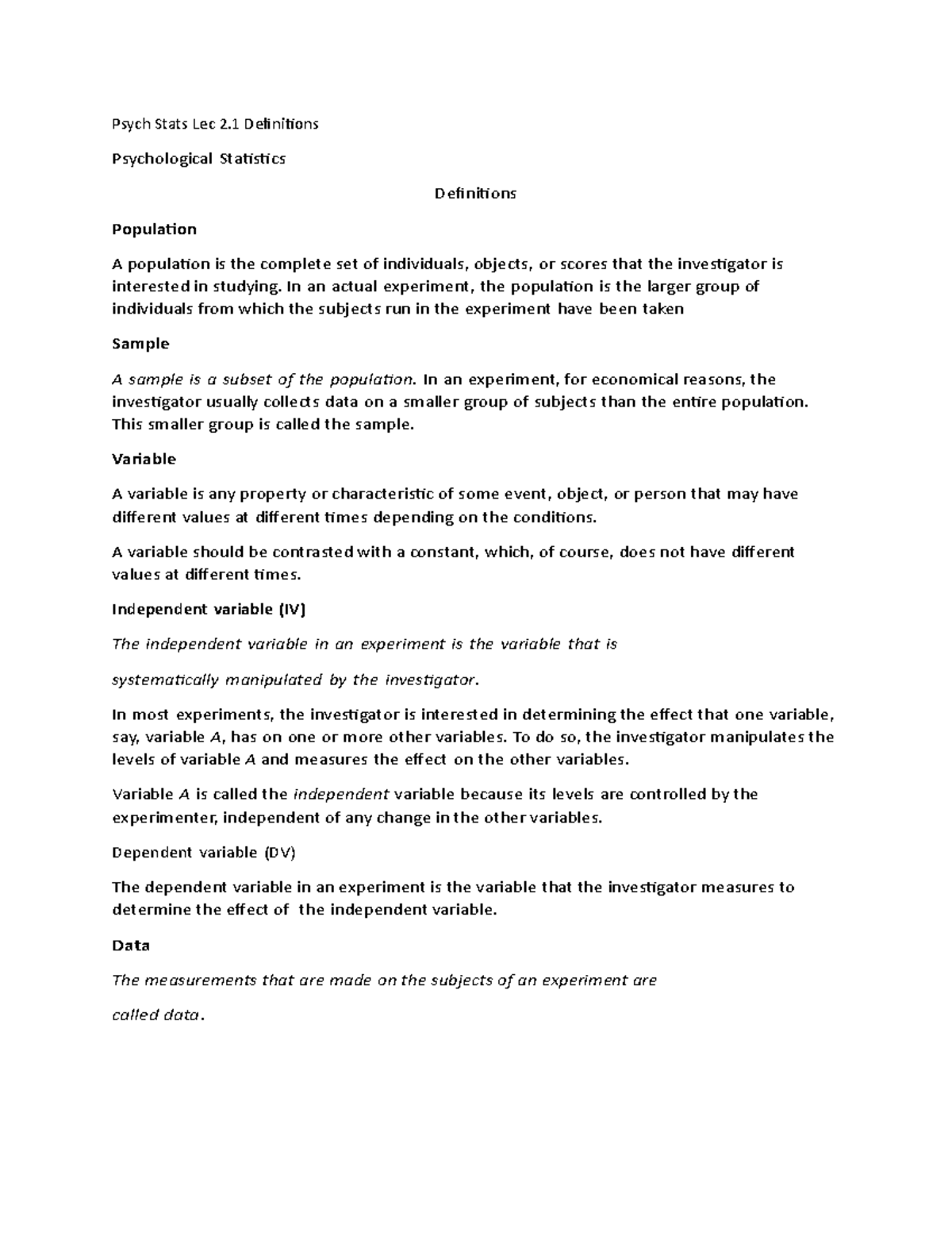 Psych Stats Lec 2.1 Definitions - Psych Stats Lec 2 Definitions ...