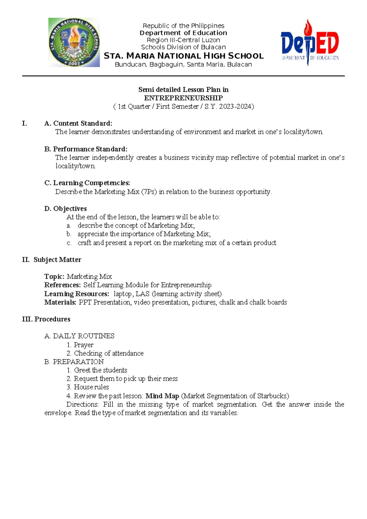 semi-detailed lesson plan in entrepreneurship - Republic of the ...