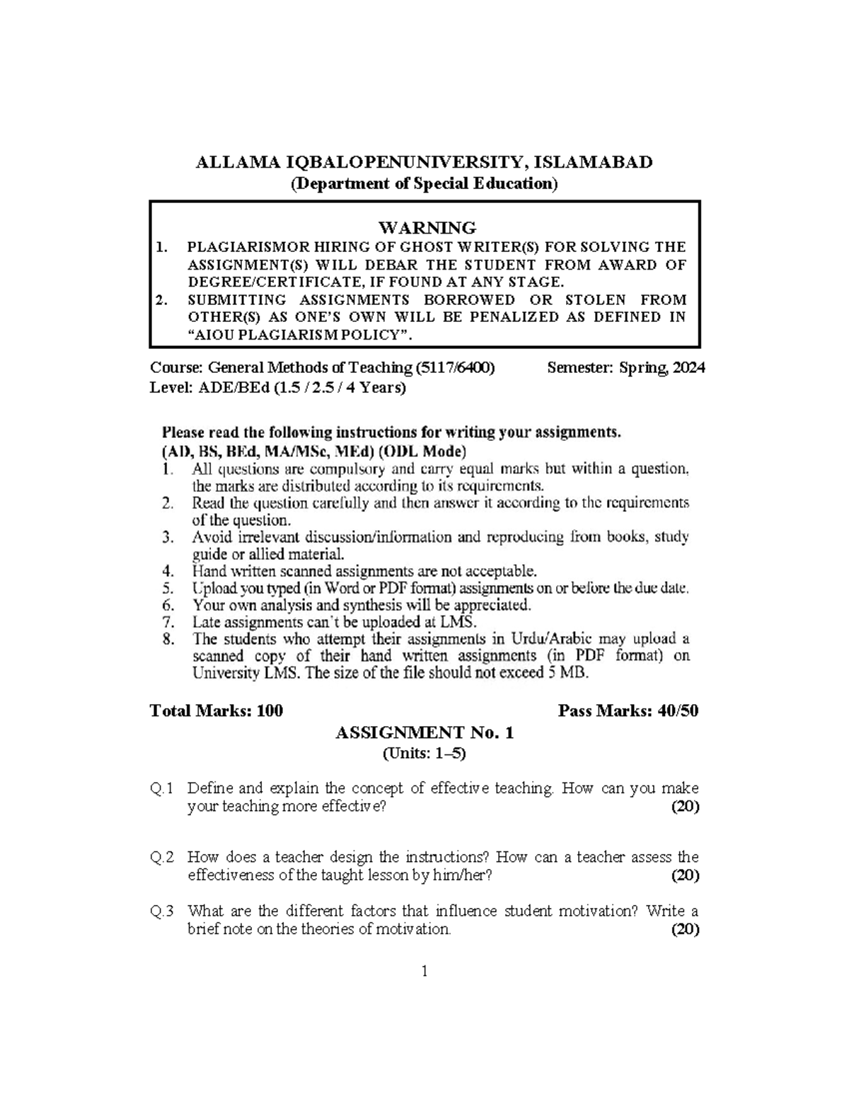 6400 Assignment Allama Iqbalopenuniversity Islamabad Department