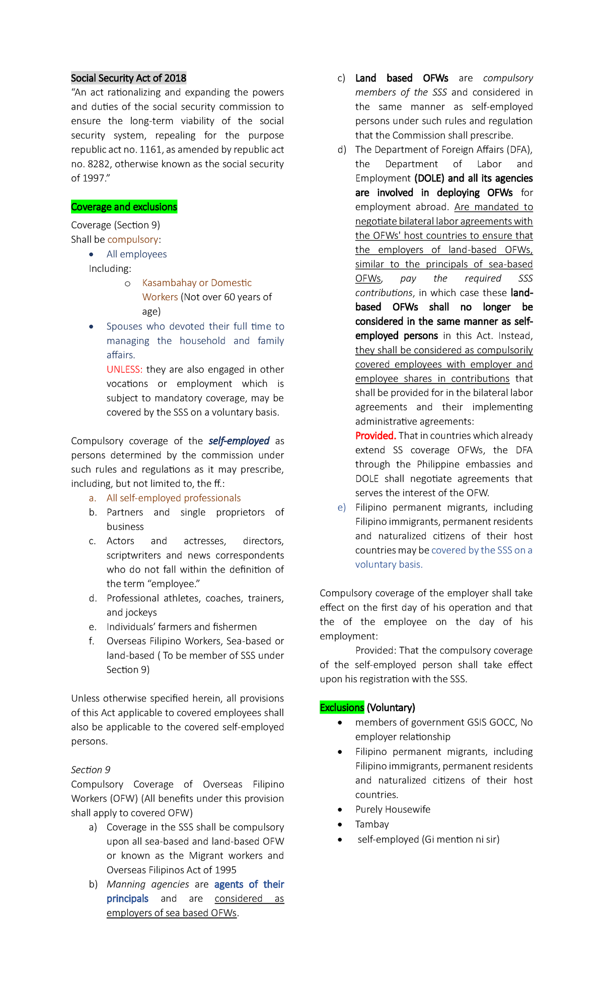 SSS- Notes - Social Security Act of 2018 “An act rationalizing and ...