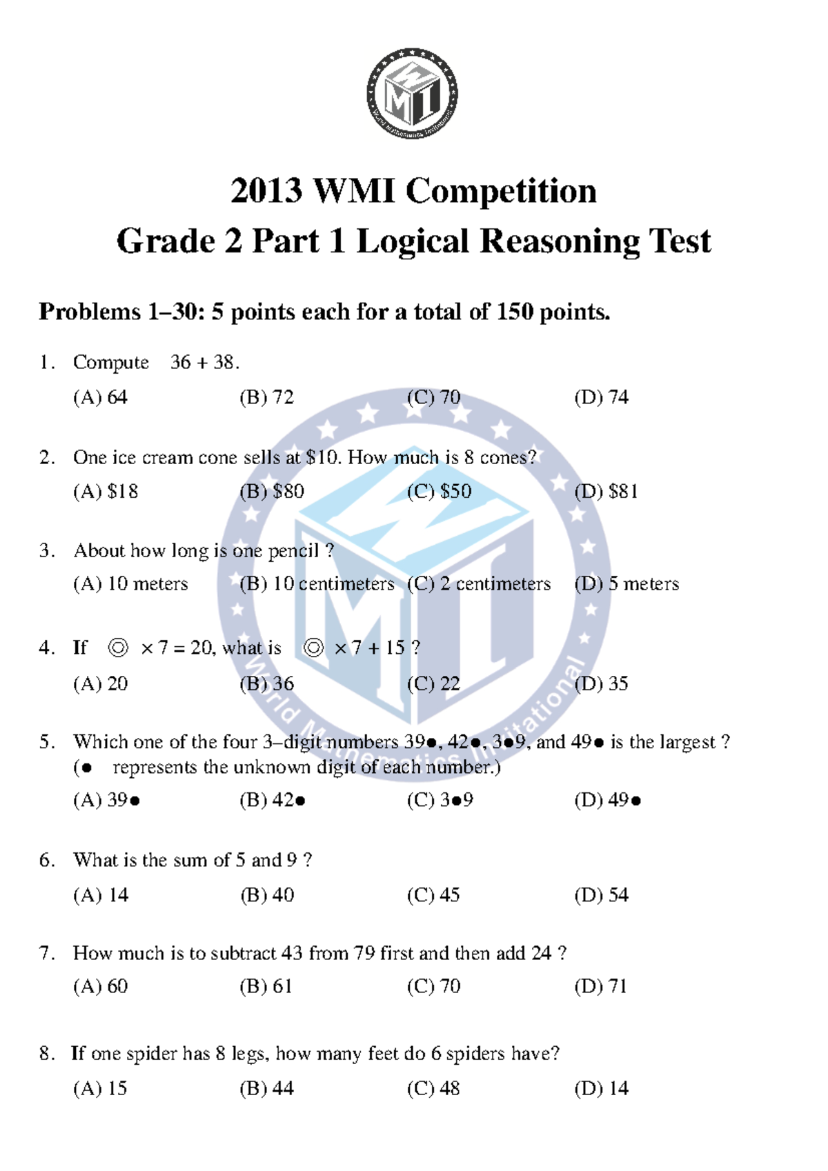2013 Grade 2 Paper 1 - Ok... - 2013 WMI Competition Grade 2 Part 1 ...