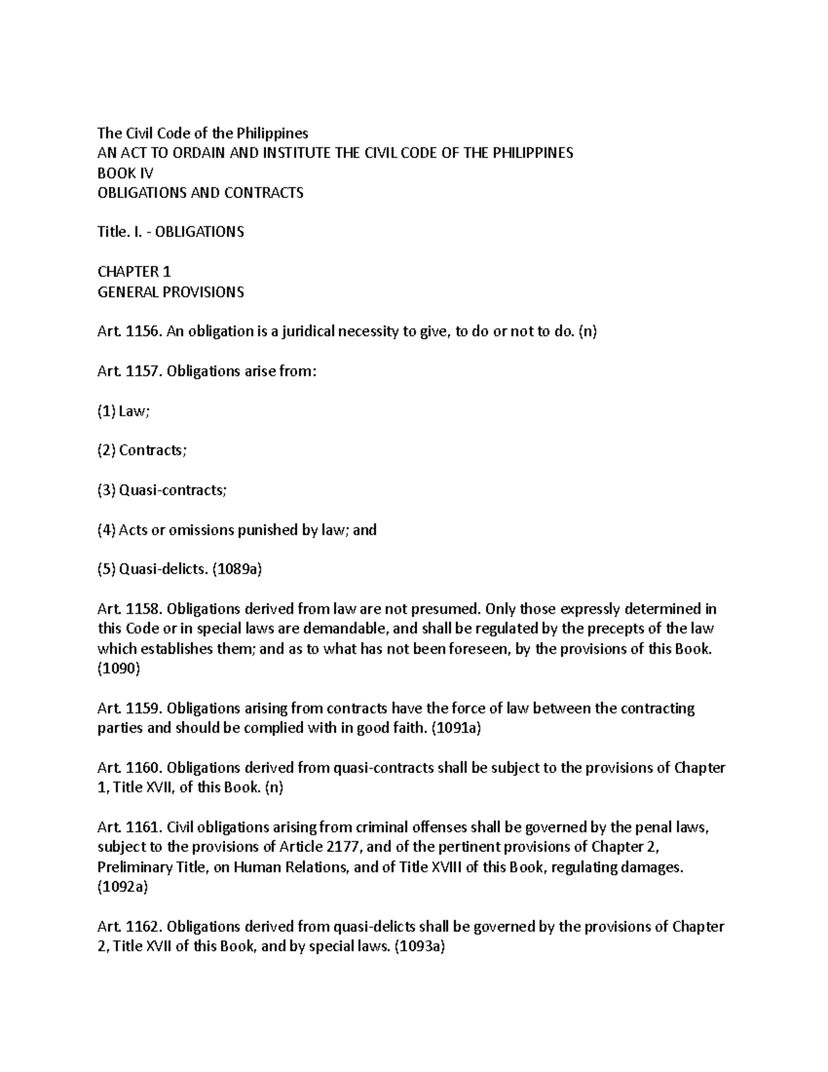 The Civil Code of the Philippines - I. - OBLIGATIONS CHAPTER 1GENERAL ...