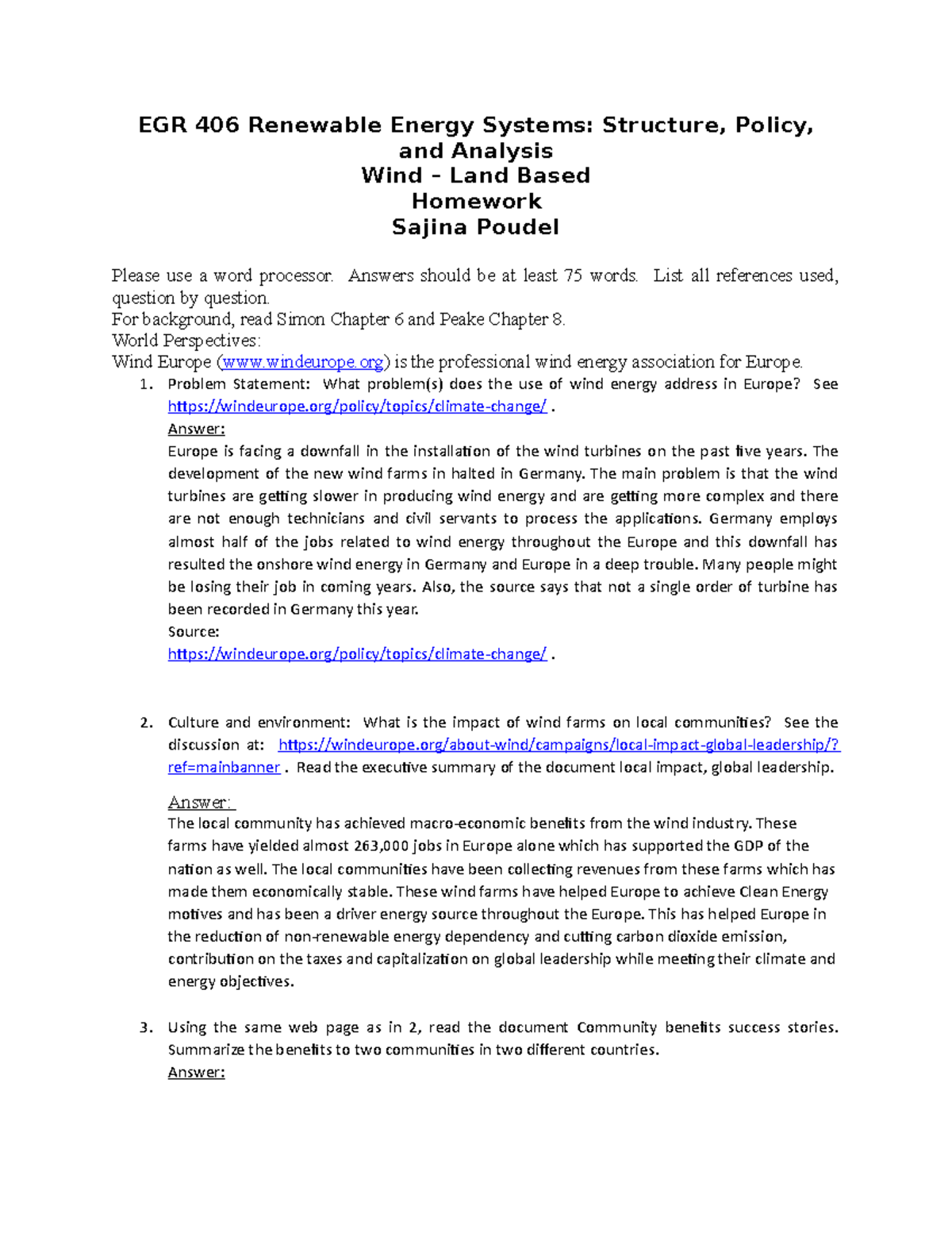 Wind - Land Based Homework-3 - EGR 406 Renewable Energy Systems ...