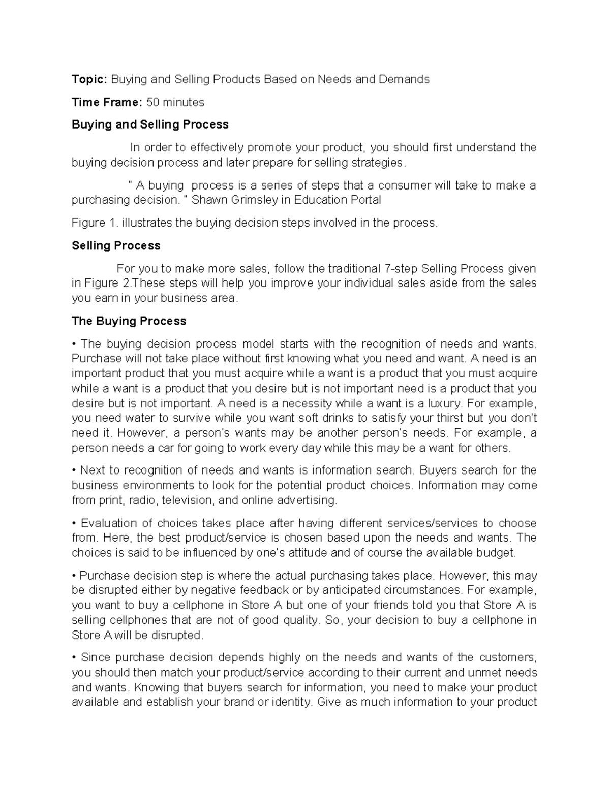 NEED AND Wants - Topic: Buying and Selling Products Based on Needs and ...