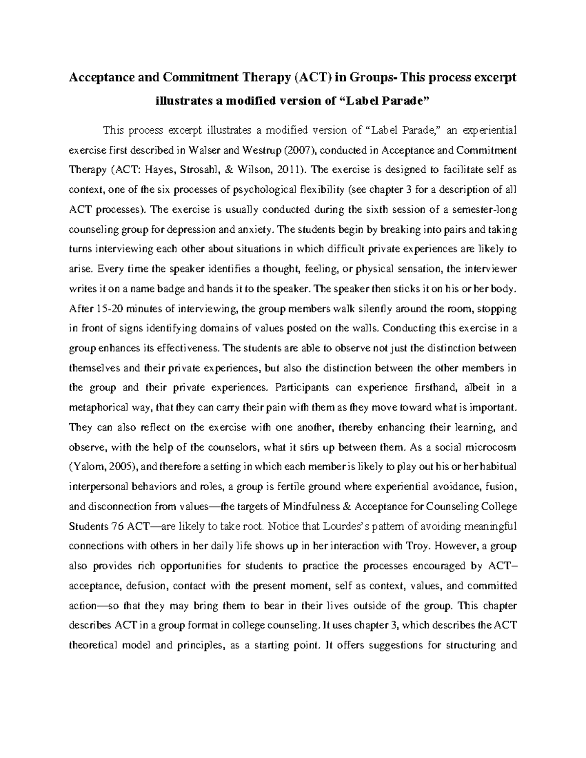 Acceptance and Commitment Therapy (ACT) in Groups- This process excerpt ...